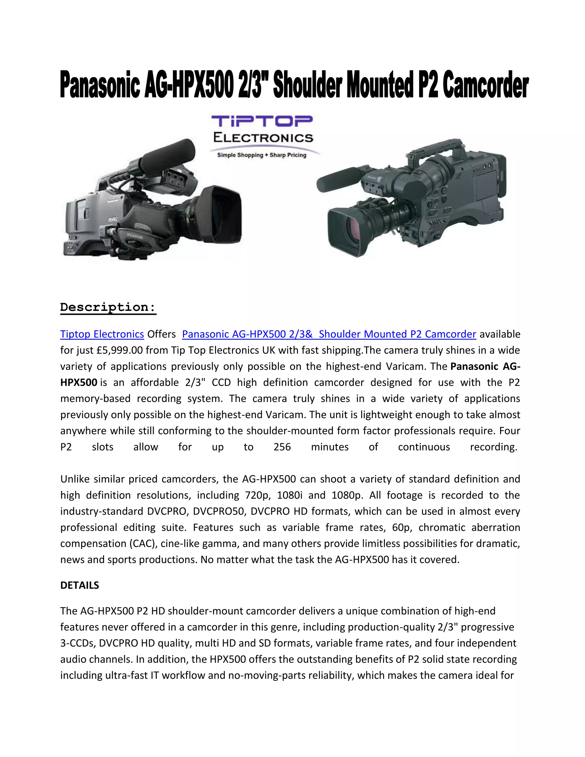 Panasonic ag hpx500 shoulder mounted camcorder | PDF | Digital Audio ...
