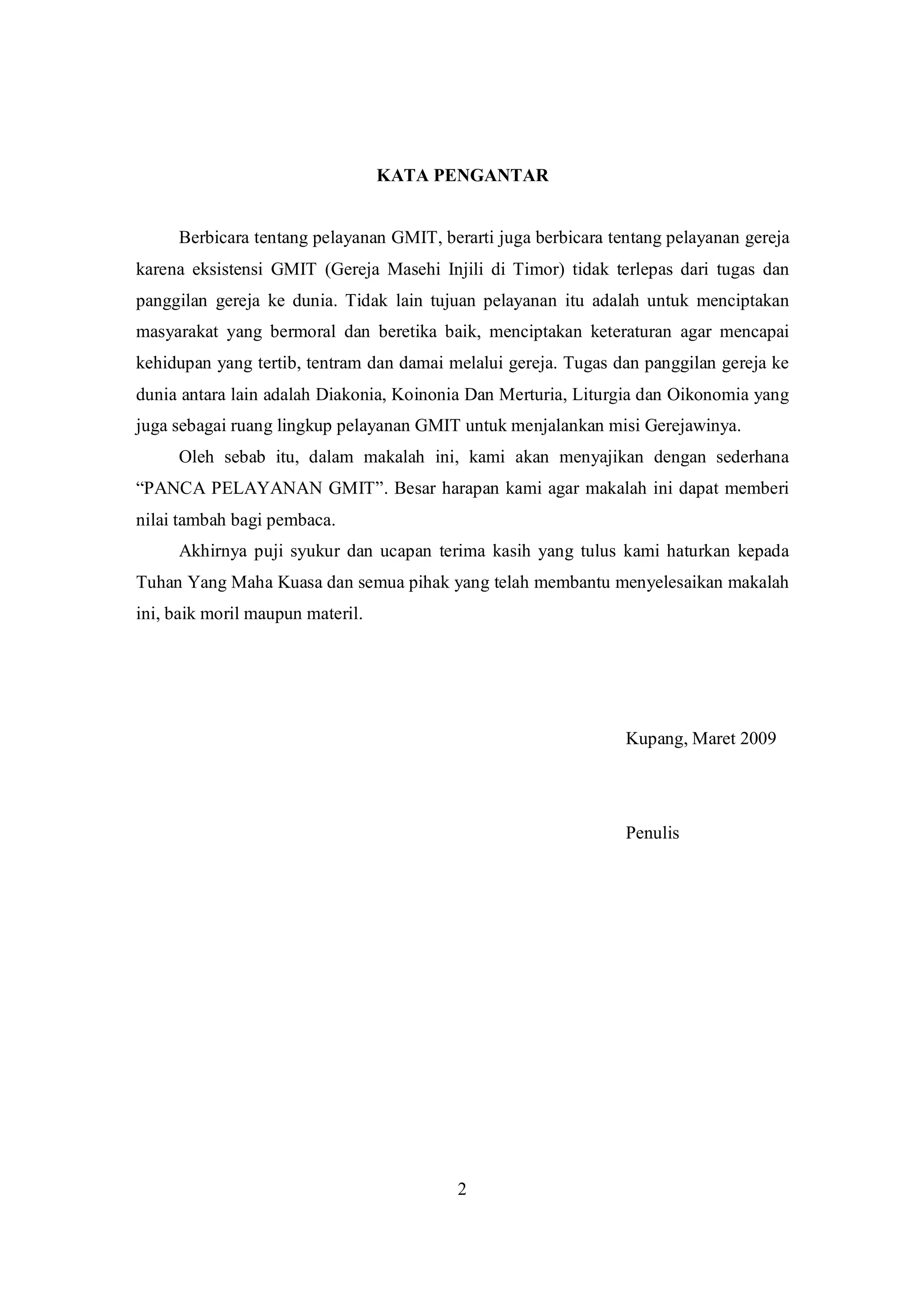 Panca pelayanan GEREJA MASEHI INJILI DI TIMOR (GMIT) | PDF