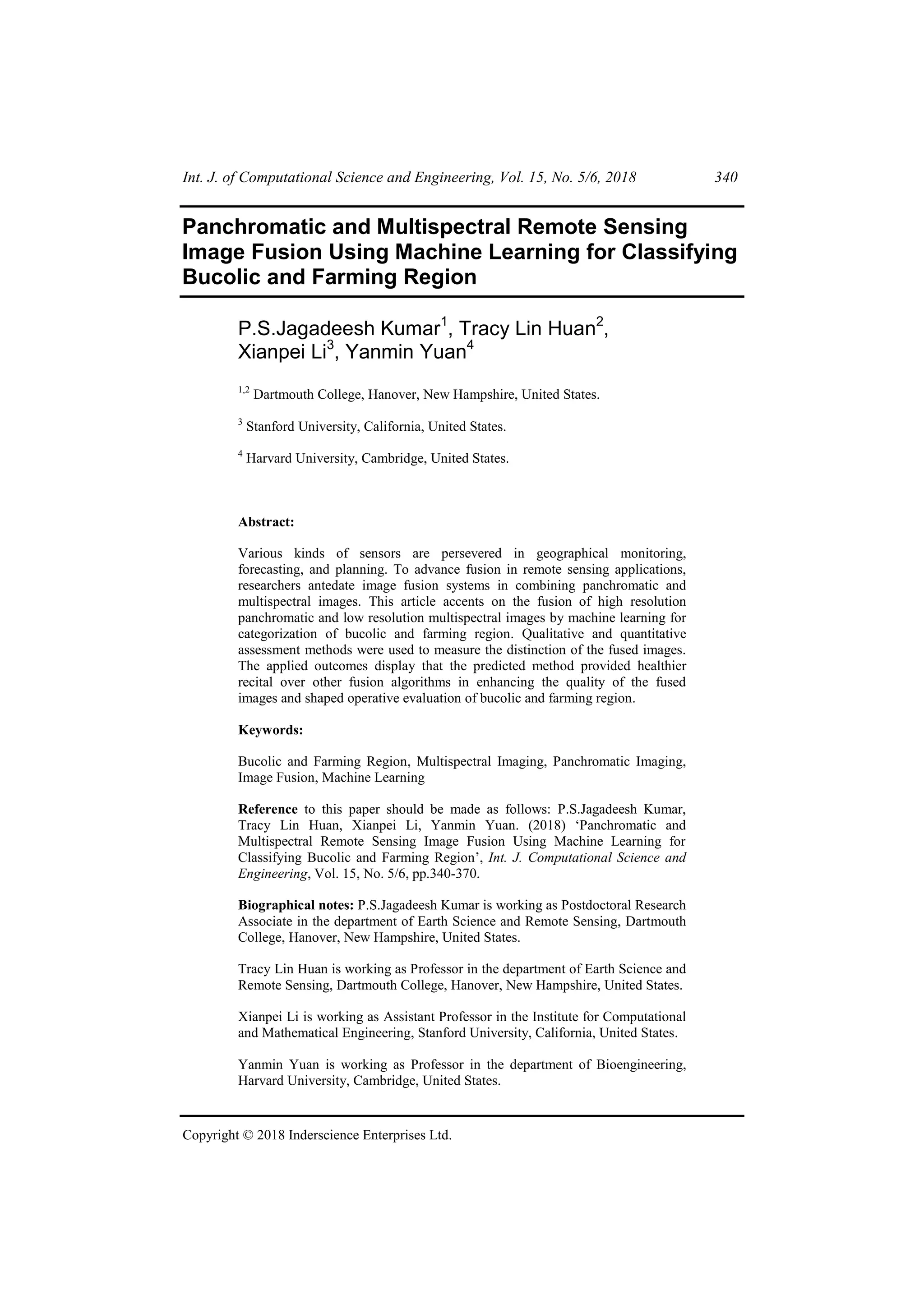 Panchromatic And Multispectral Remote Sensing Image Fusion Using Machine Learning For