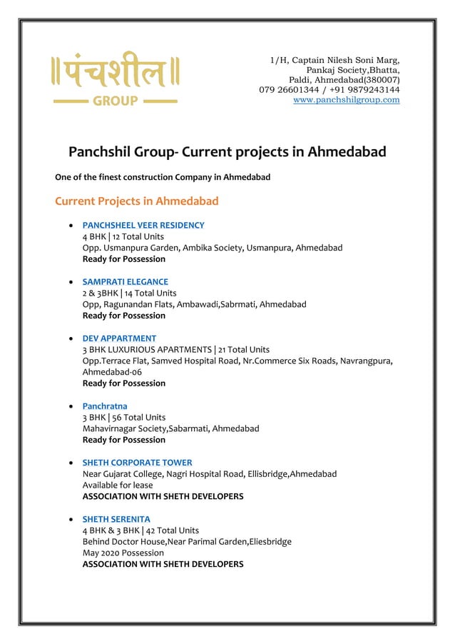 Panchshil Group - Current Projects in Ahmedabad | PDF