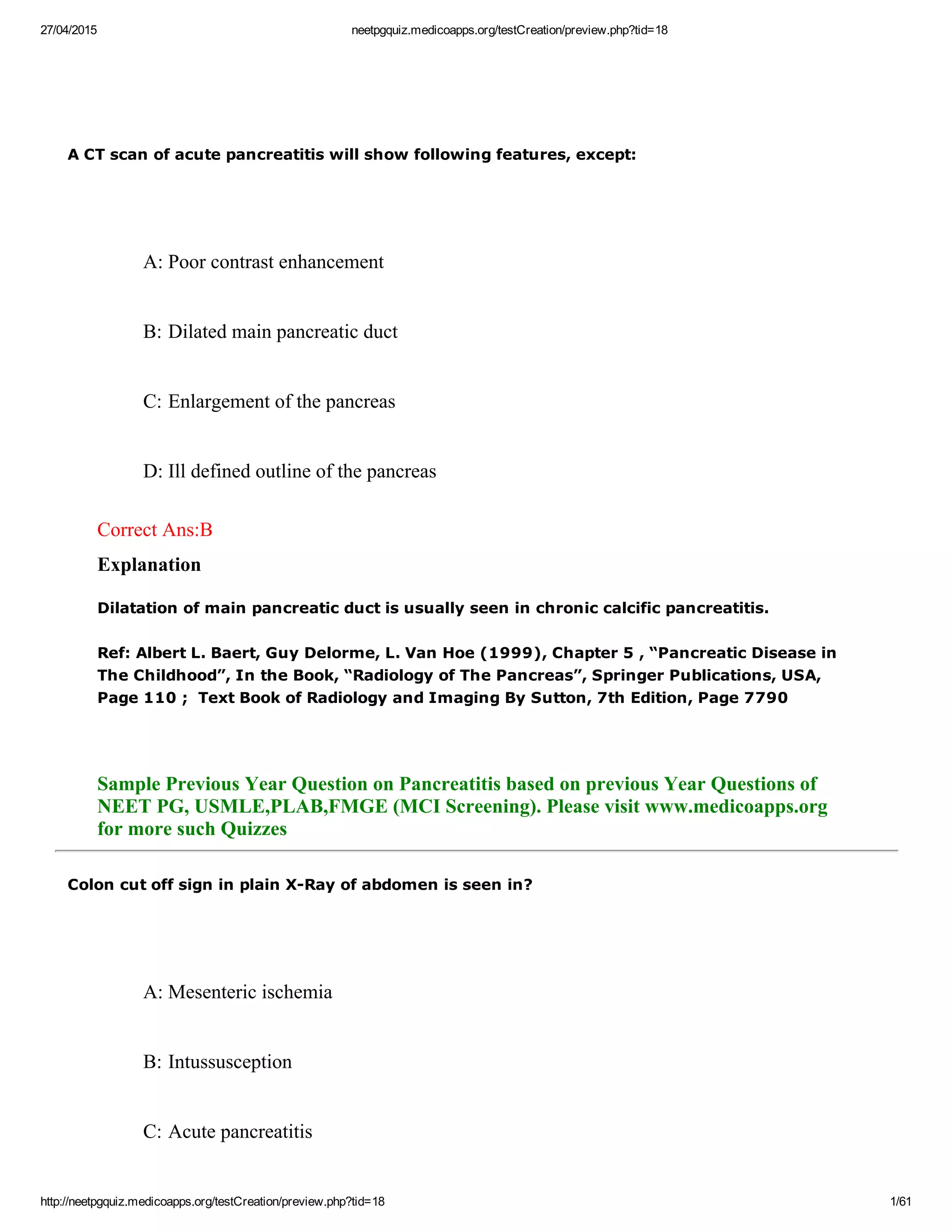Pancreatitis sample questions based on neet pg , usmle, plab and fmge ...