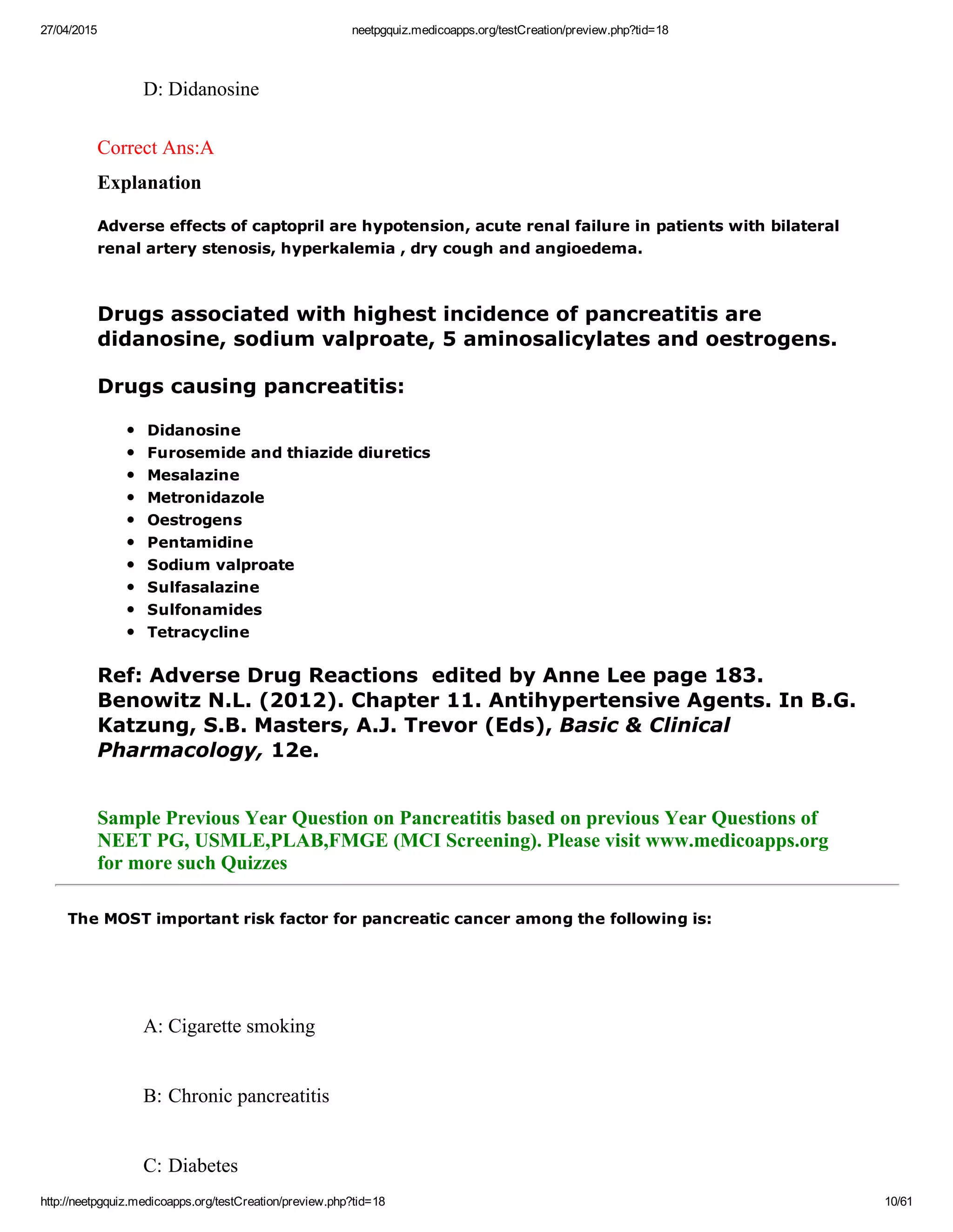 Pancreatitis sample questions based on neet pg , usmle, plab and fmge ...