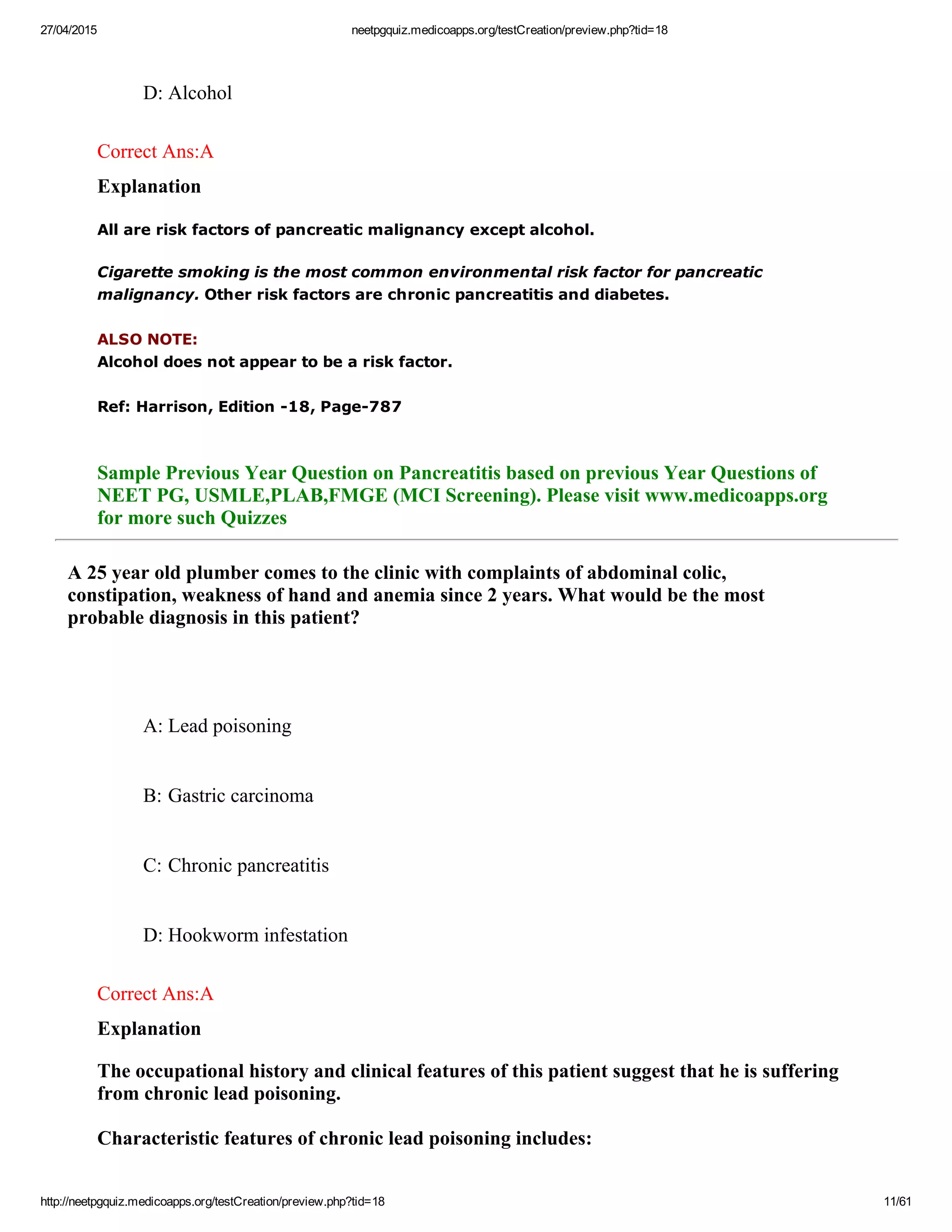 Pancreatitis sample questions based on neet pg , usmle, plab and fmge ...