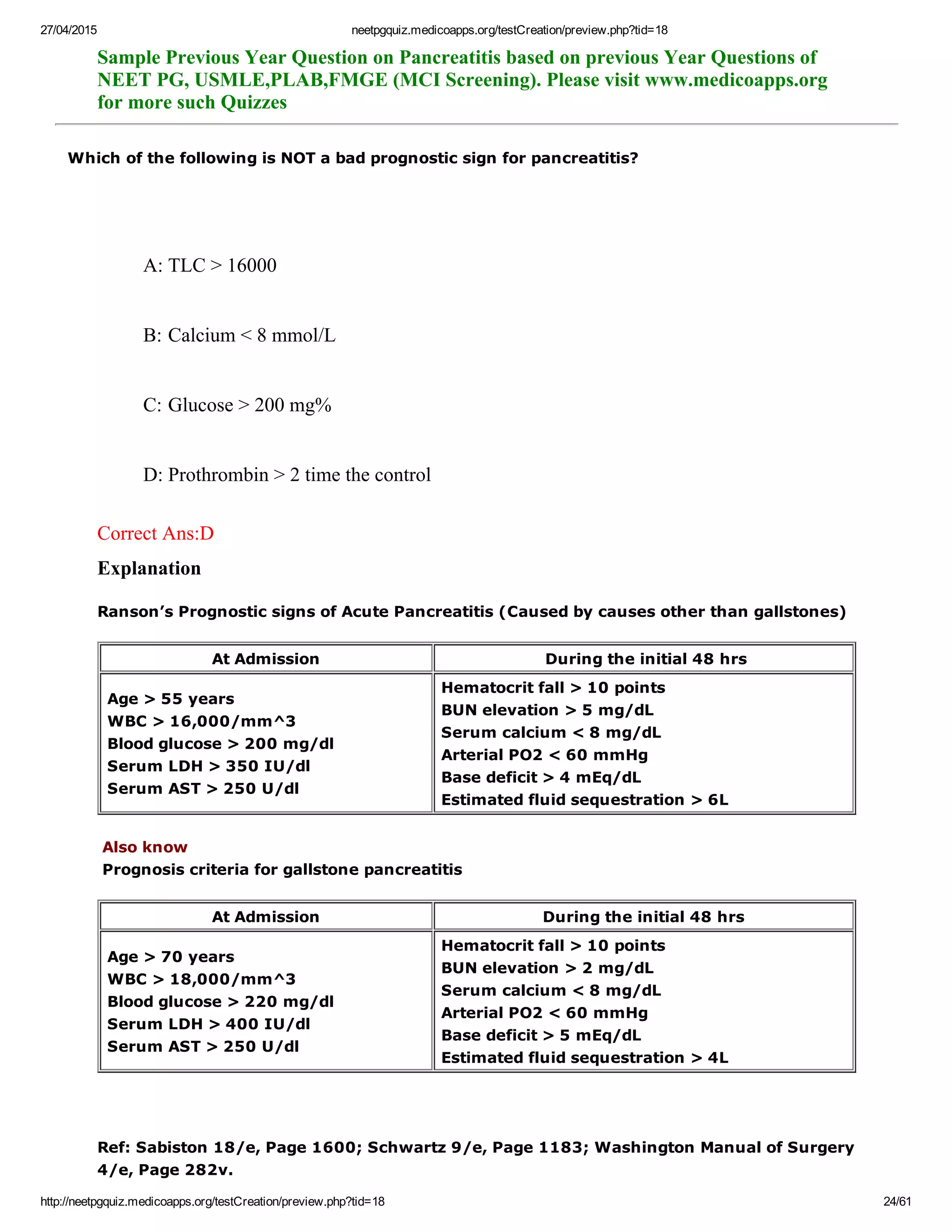 Pancreatitis sample questions based on neet pg , usmle, plab and fmge ...