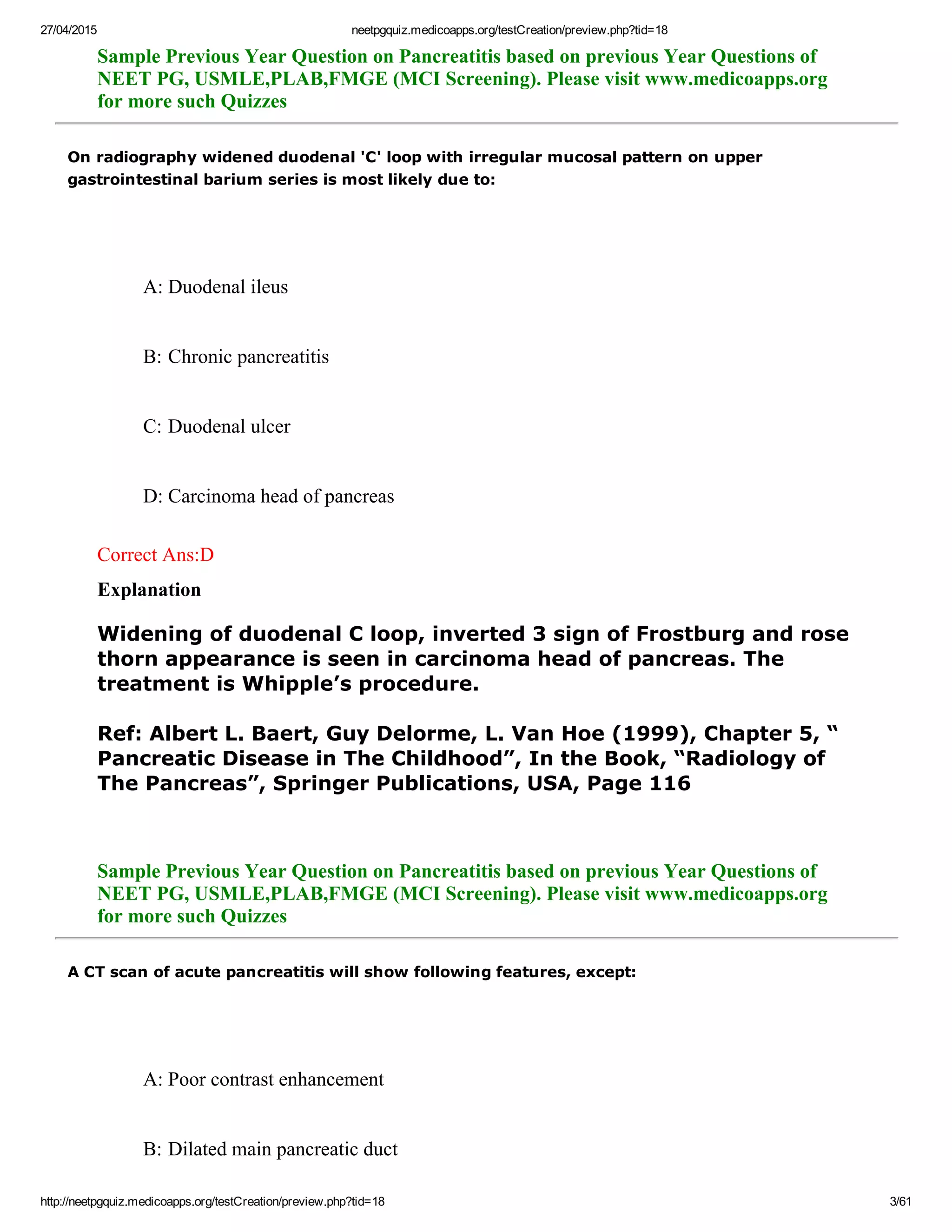 Pancreatitis sample questions based on neet pg , usmle, plab and fmge ...