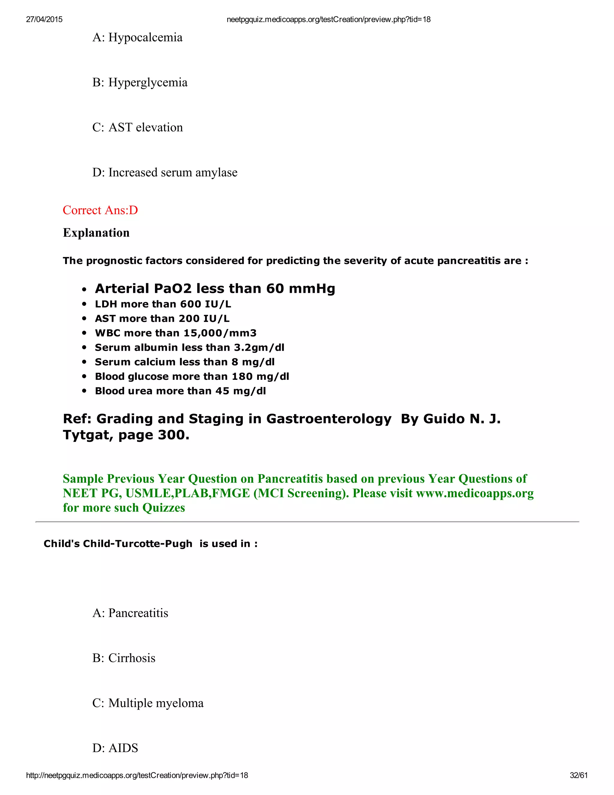 Pancreatitis sample questions based on neet pg , usmle, plab and fmge ...