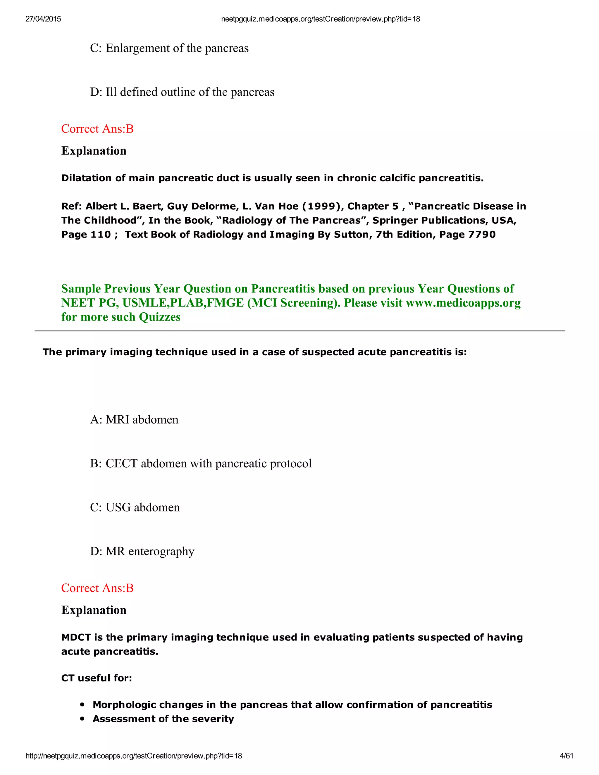 Pancreatitis sample questions based on neet pg , usmle, plab and fmge ...