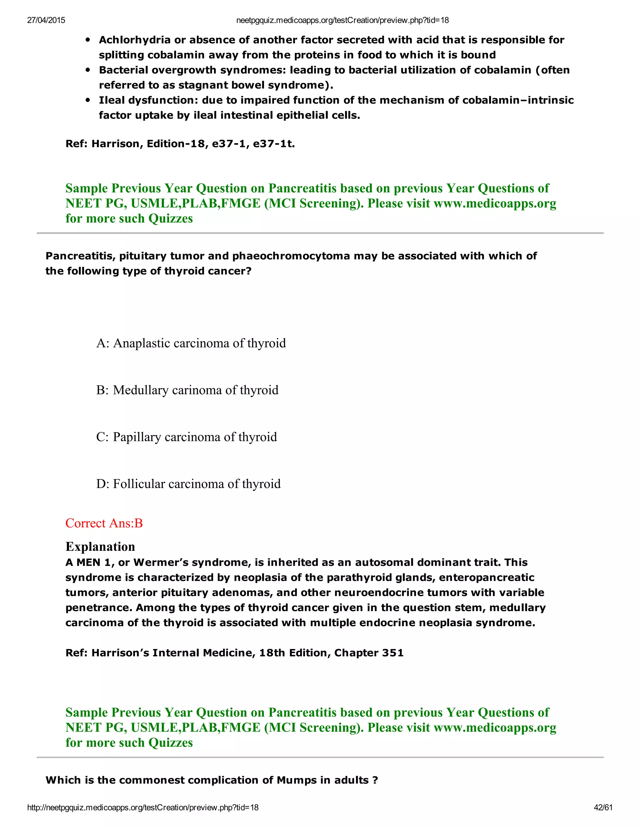 Pancreatitis sample questions based on neet pg , usmle, plab and fmge ...