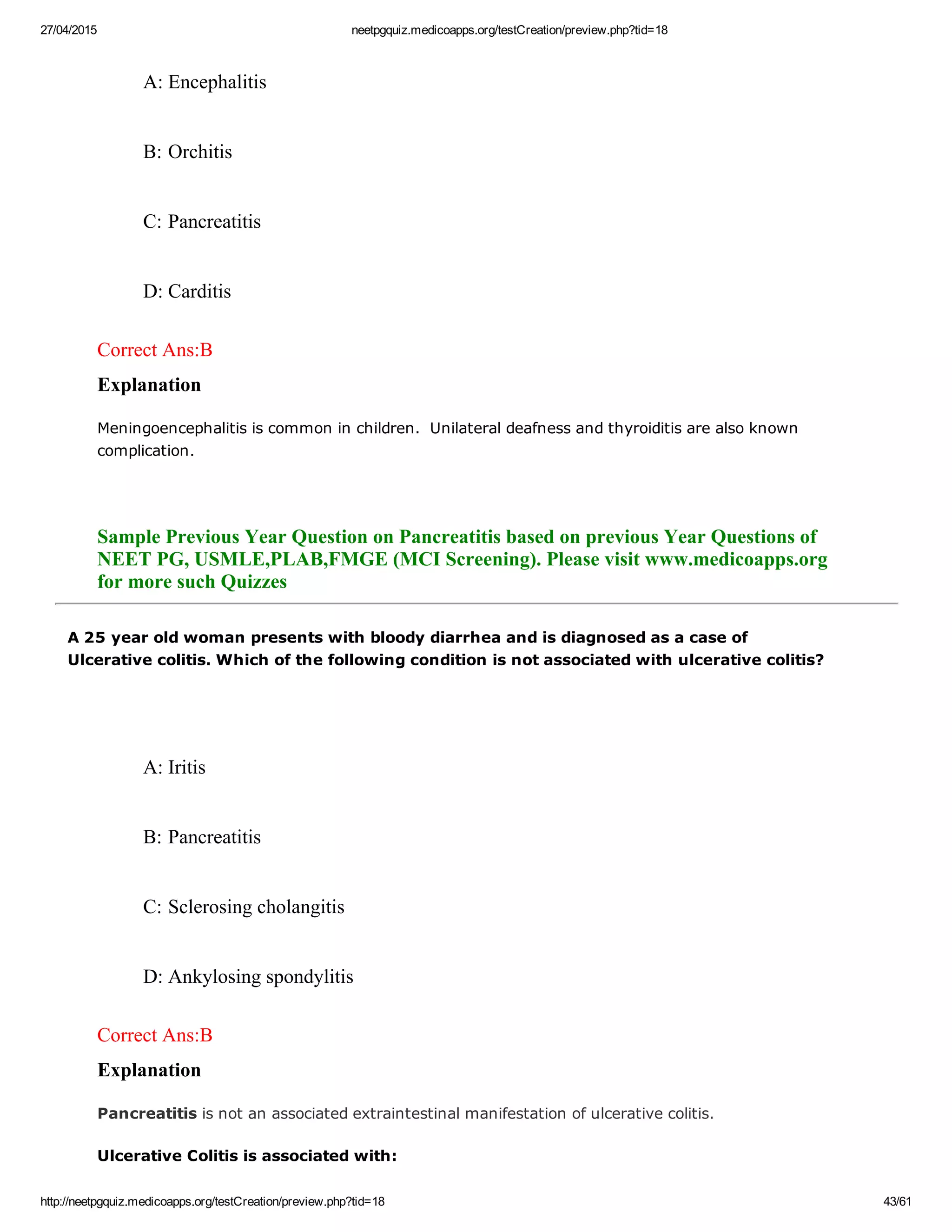Pancreatitis sample questions based on neet pg , usmle, plab and fmge ...