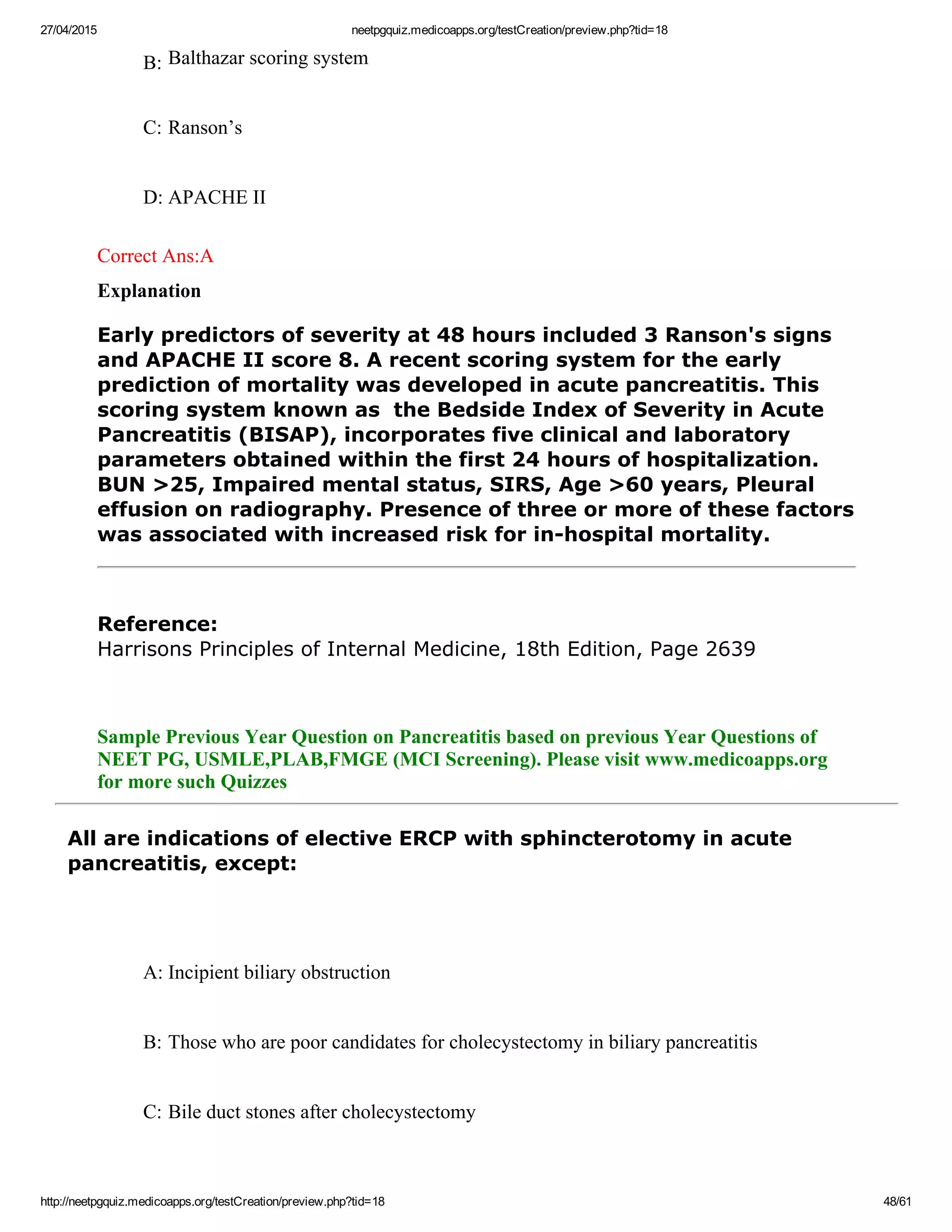 Pancreatitis sample questions based on neet pg , usmle, plab and fmge ...