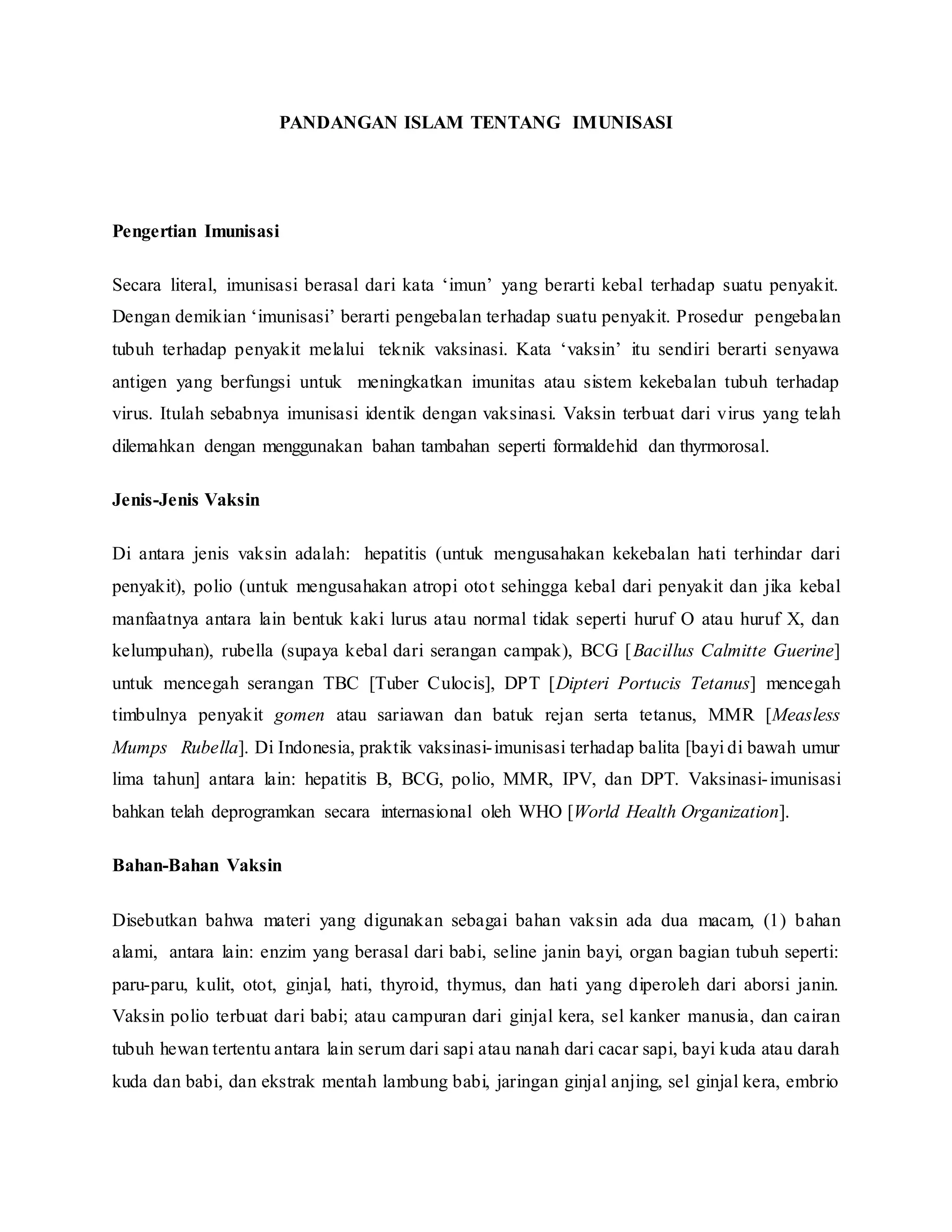 Pandangan islam tentang imunisasi | DOCX