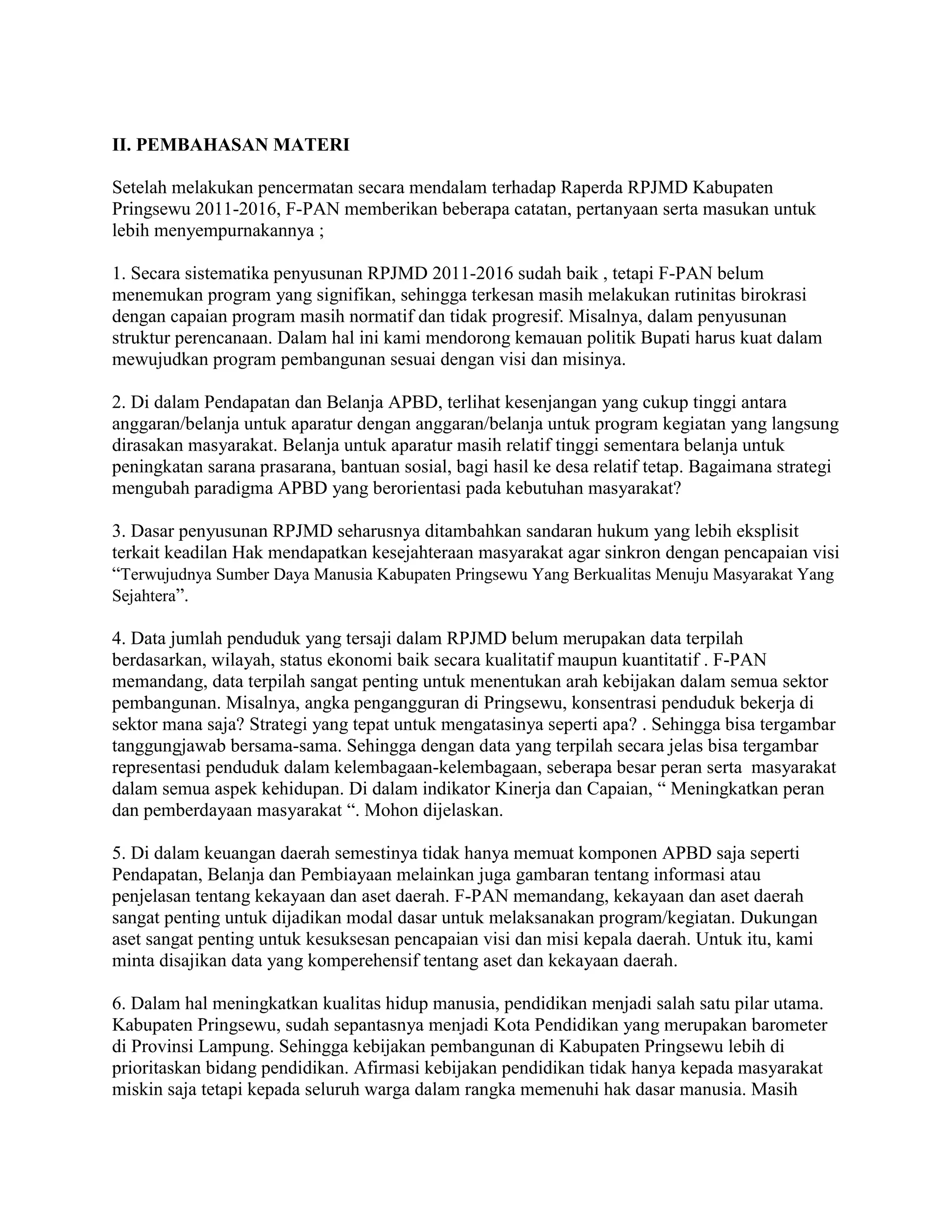 Pandangan umum fraksi pan tt ranperda rpjmd | DOCX