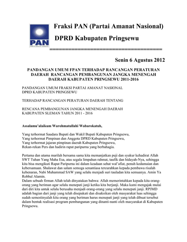 Pandangan umum fraksi pan tt ranperda rpjmd | DOCX