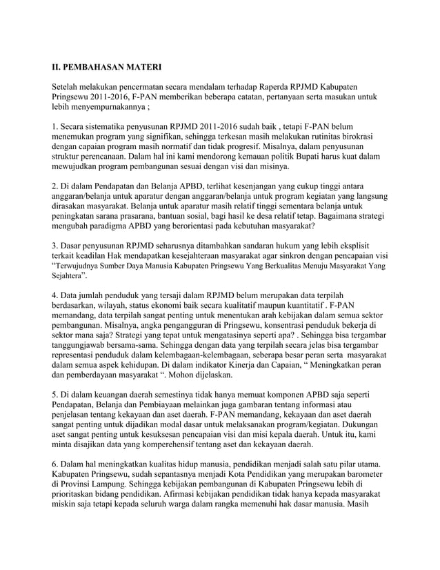 Pandangan umum fraksi pan tt ranperda rpjmd | DOCX