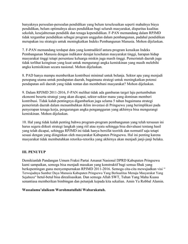 Pandangan umum fraksi pan tt ranperda rpjmd | DOCX