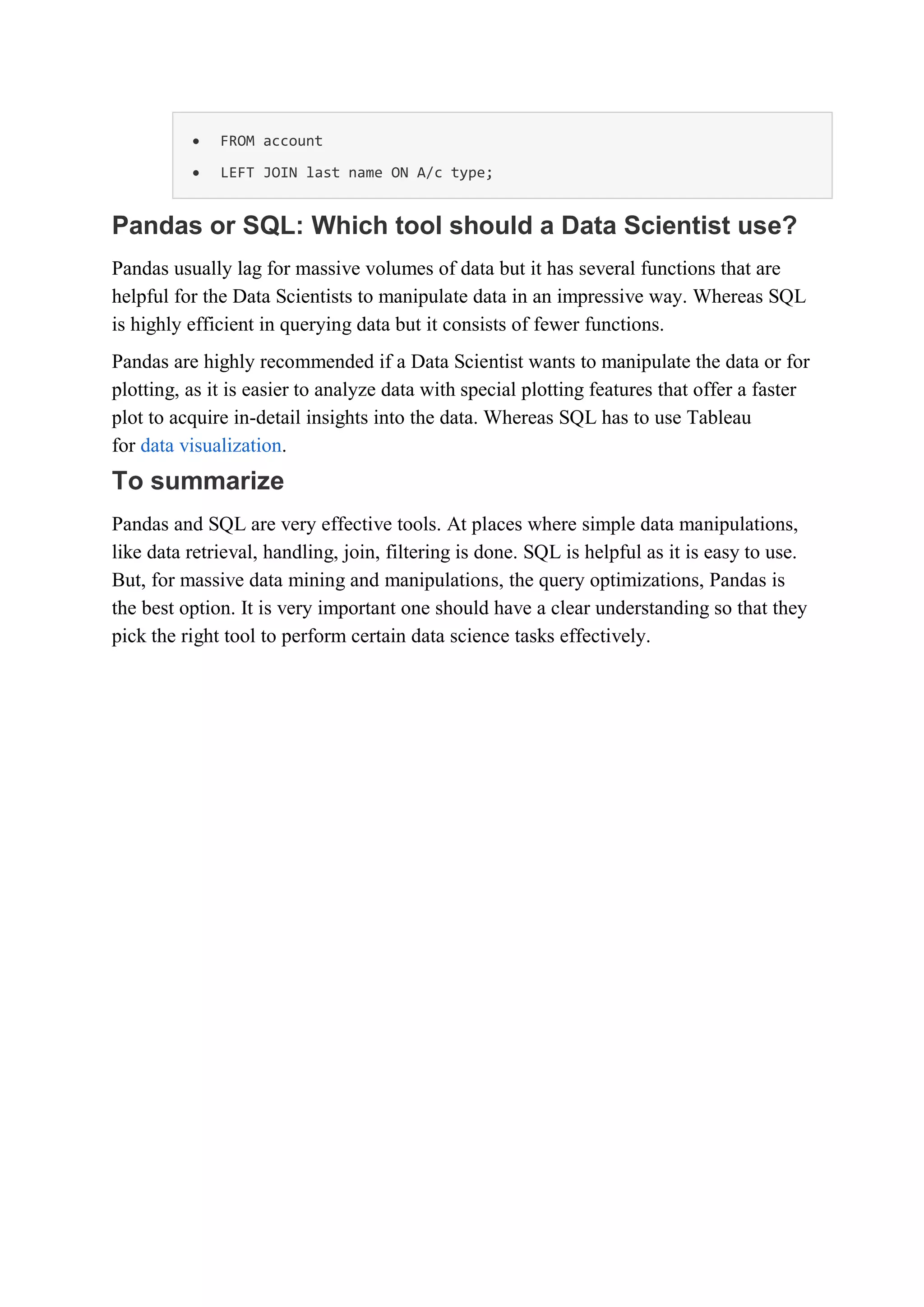 Pandas Vs Sql Tools That Data Scientists Use Most Often Pdf