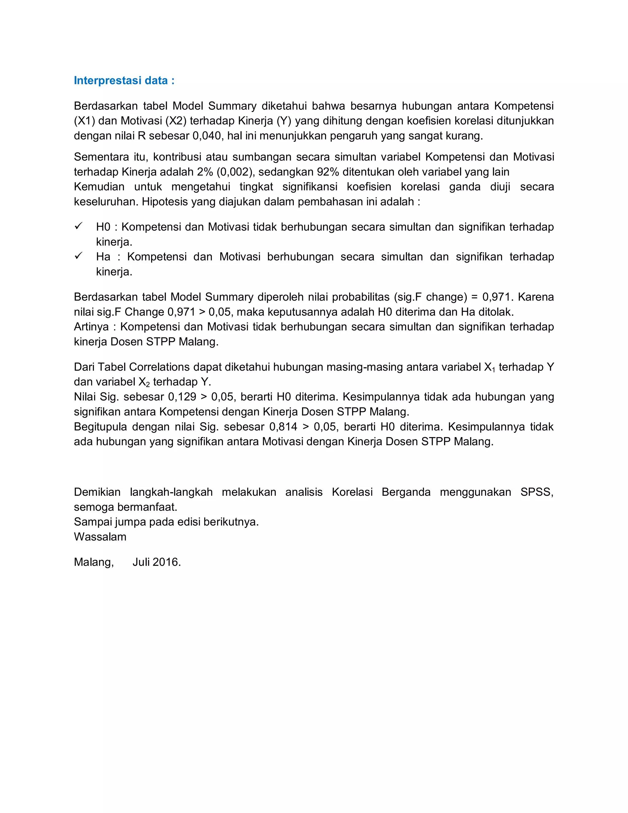Panduan Analisis Korelasi Berganda Dengan SPSS | PDF