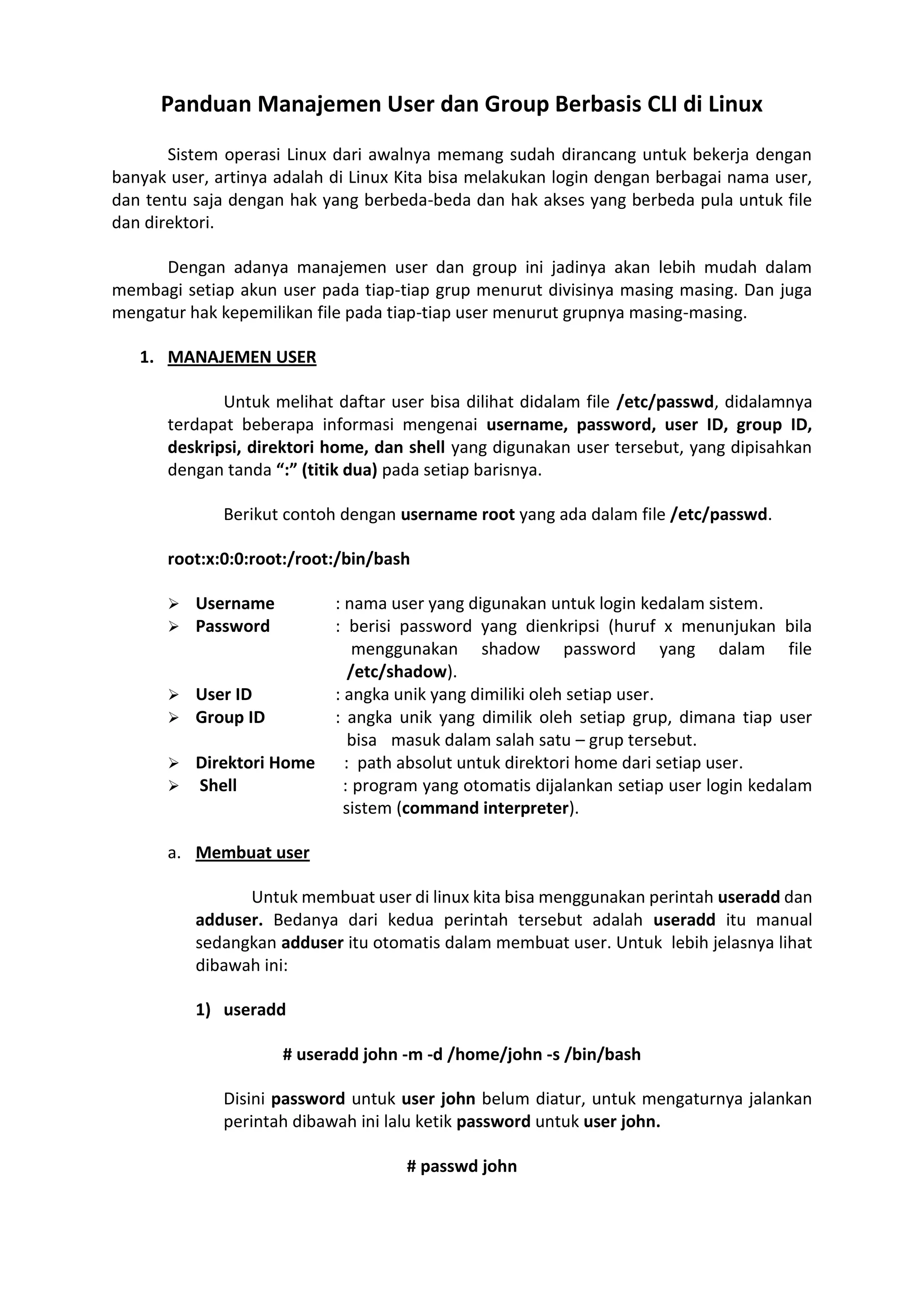 Panduan Manajemen User dan Group Berbasis CLI Di Linux | PDF