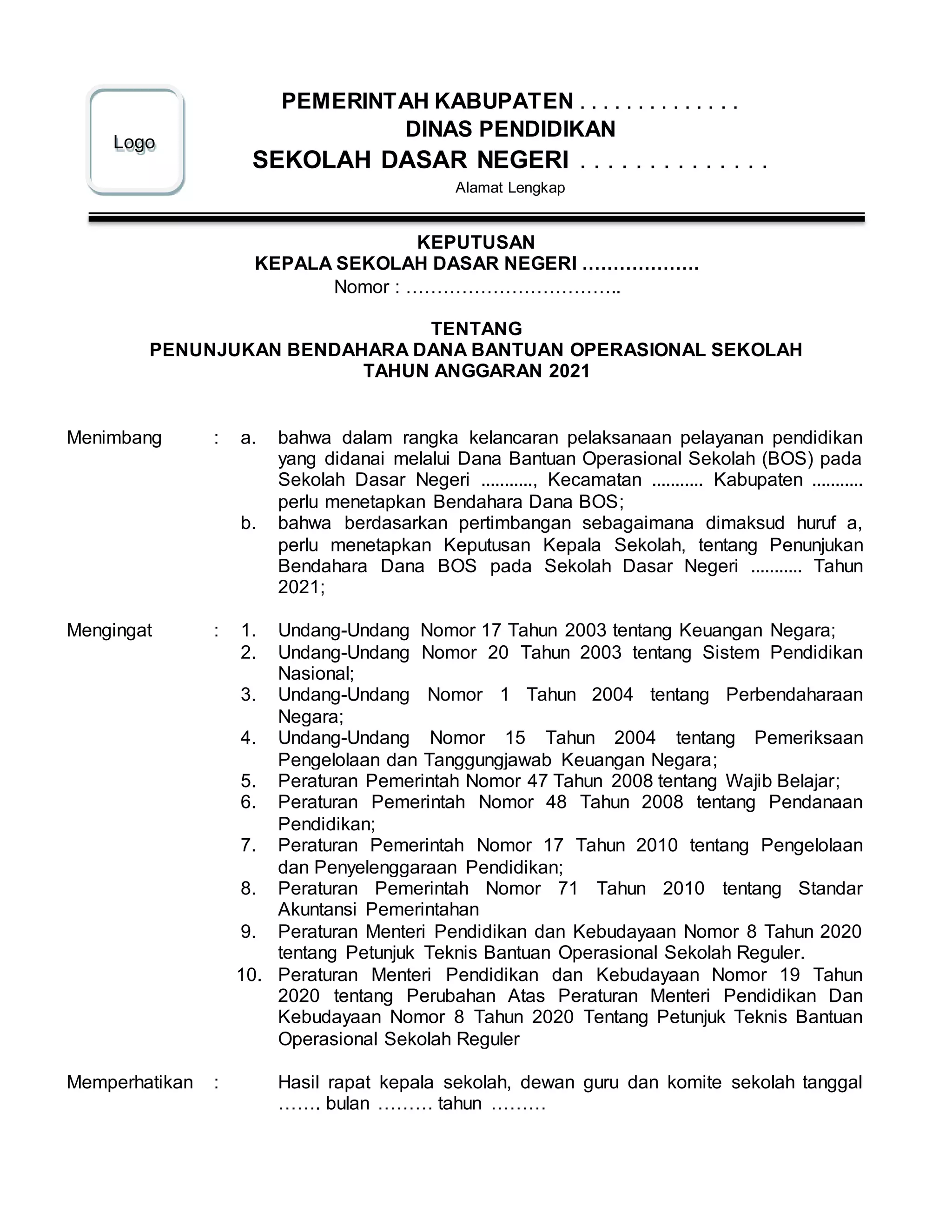 [Panduanmengajar.com] contoh sk bendahara bos 2021 | DOCX