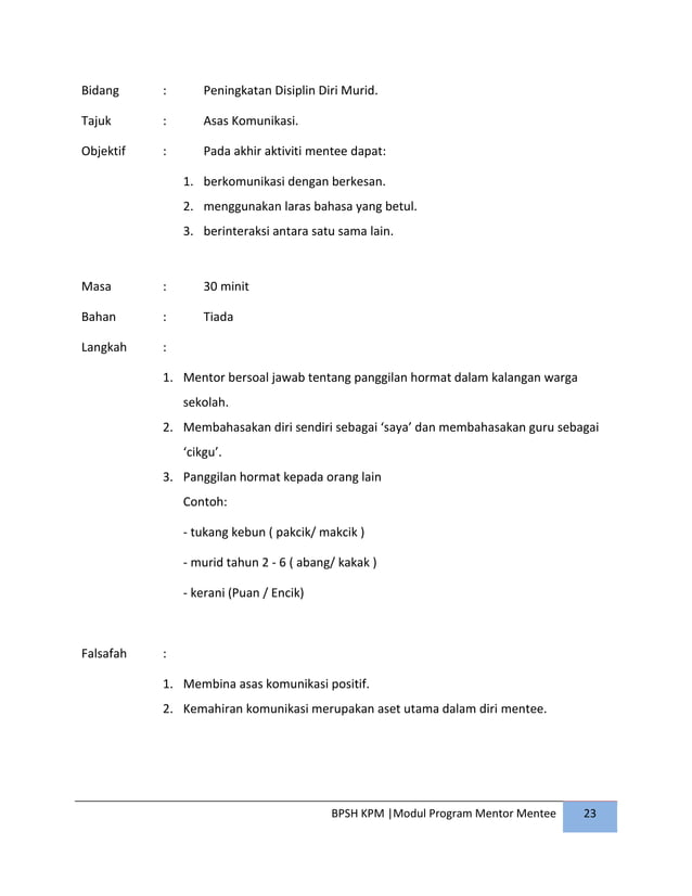 Panduan pelaksanaan dan modul program mentor mentee di sekolah | PDF