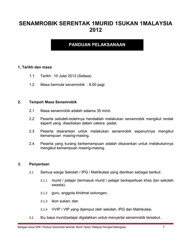 Panduan pelaksanaan senamrobik 1 m1s 1malaysia 2012 | DOC
