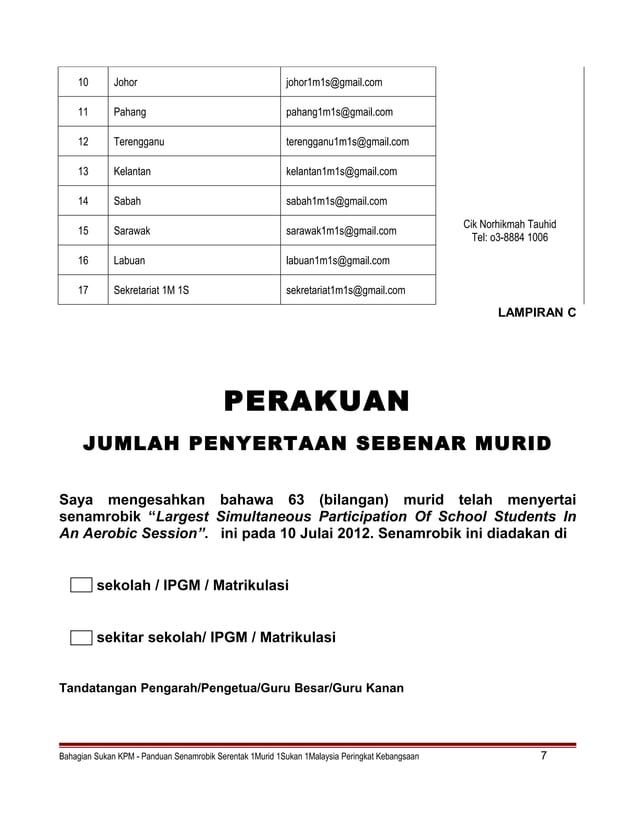Panduan pelaksanaan senamrobik 1 m1s 1malaysia 2012 | DOC