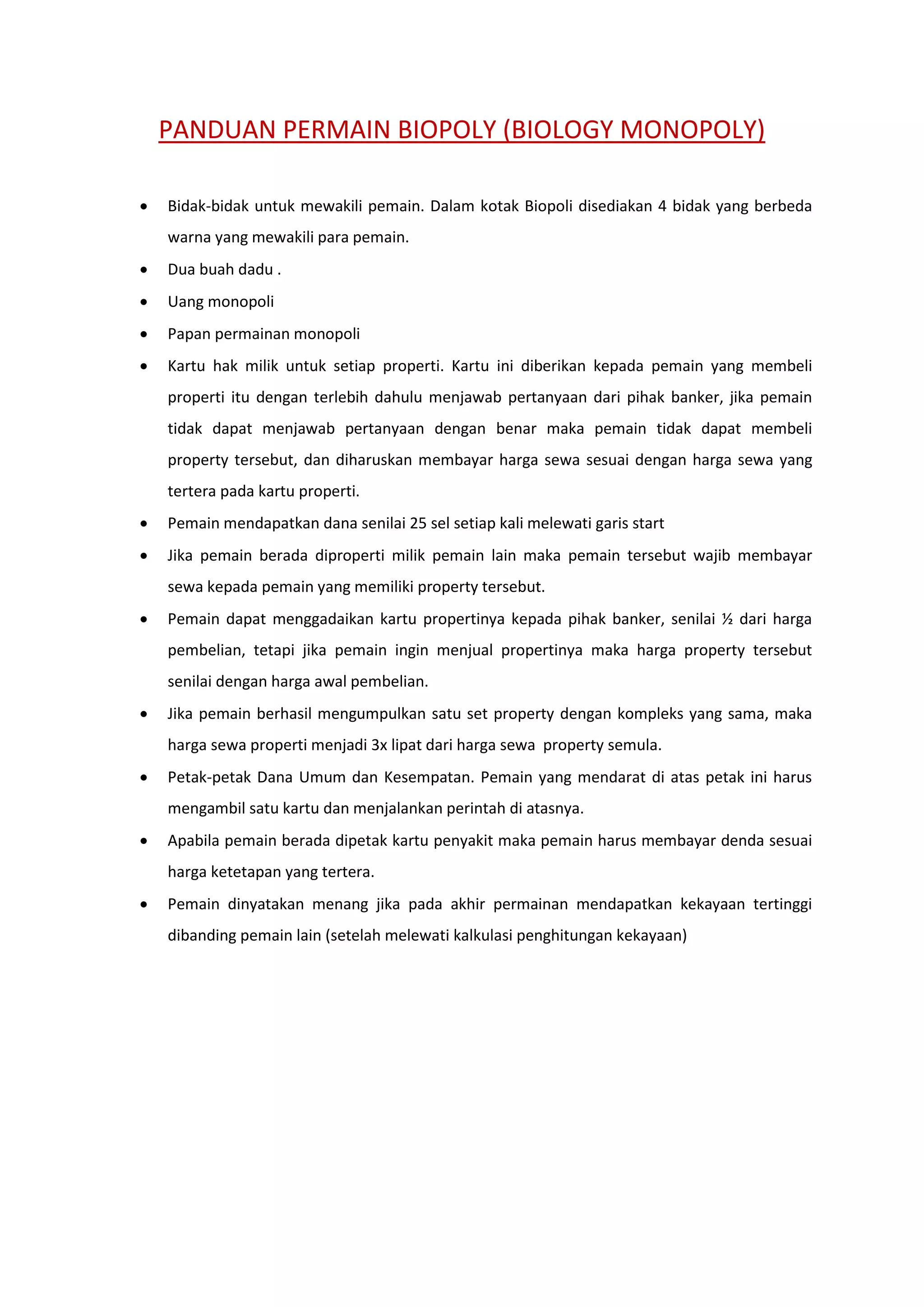 Panduan permain biopoly kelengkapan media biopoli | DOCX