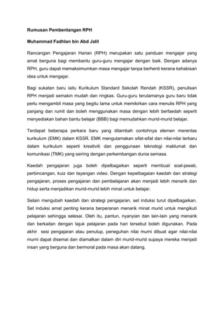 Panduan rancangan pengajaran harian tahun 1 kssr | PDF