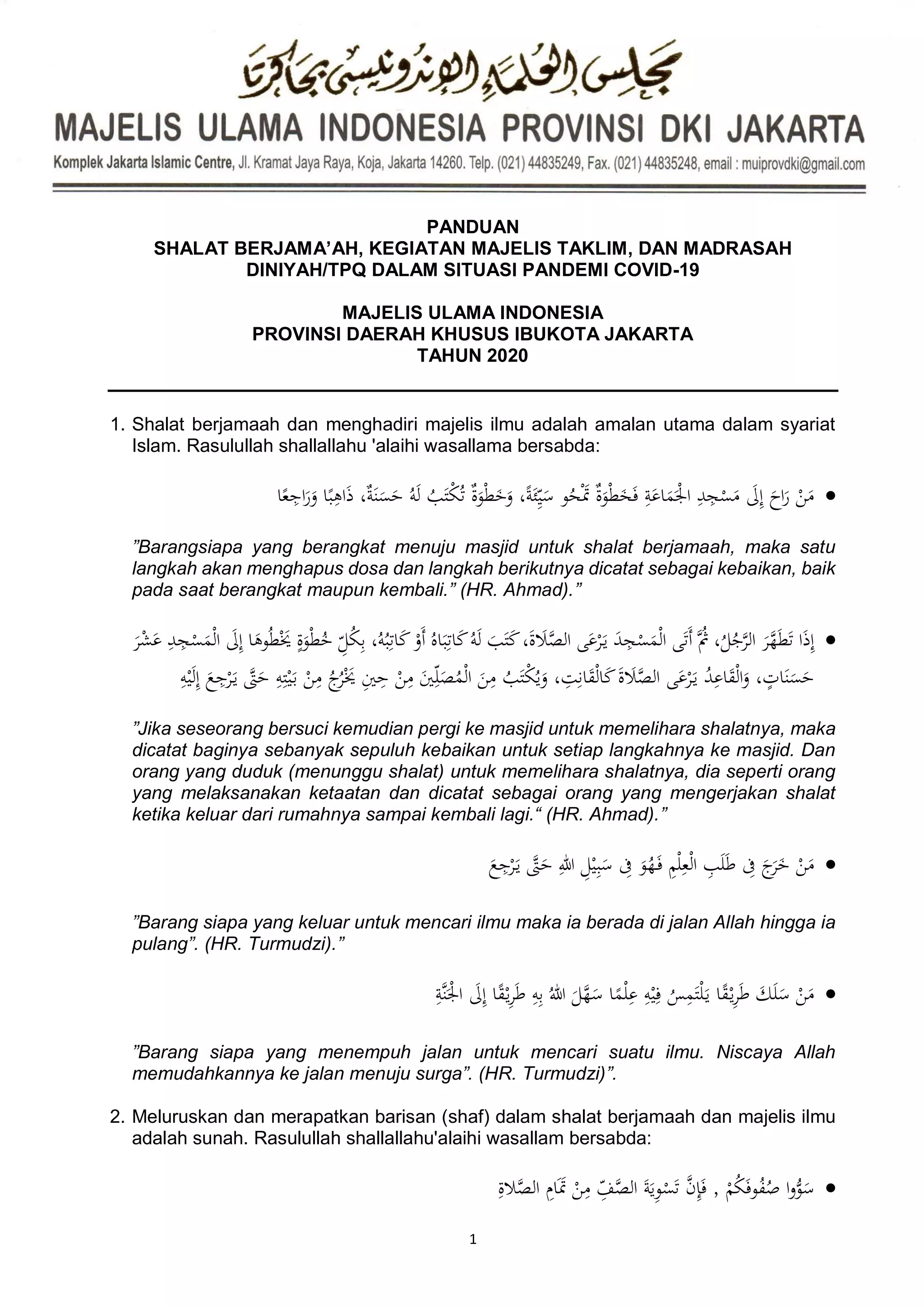Panduan salat berjamaah, kegiatan majelis taklim, dan madrasah diniyah ...