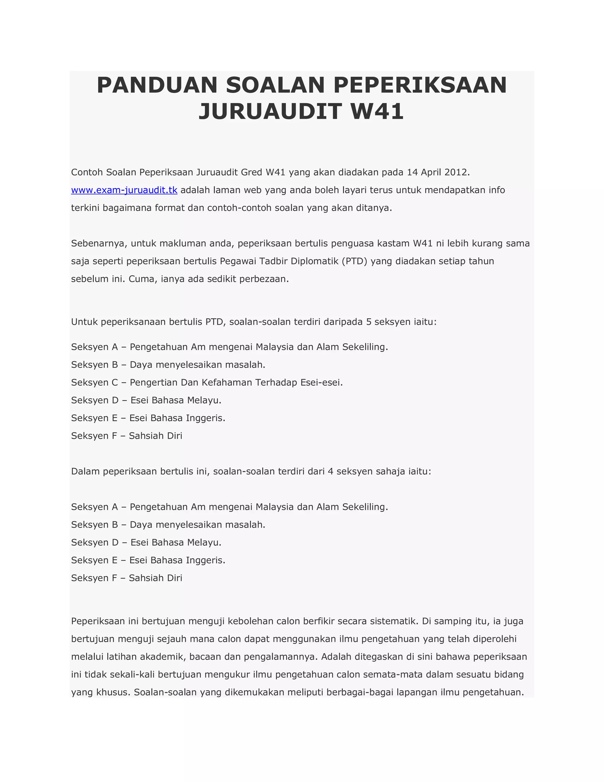 Panduan soalan peperiksaan juruaudit w41 | PDF