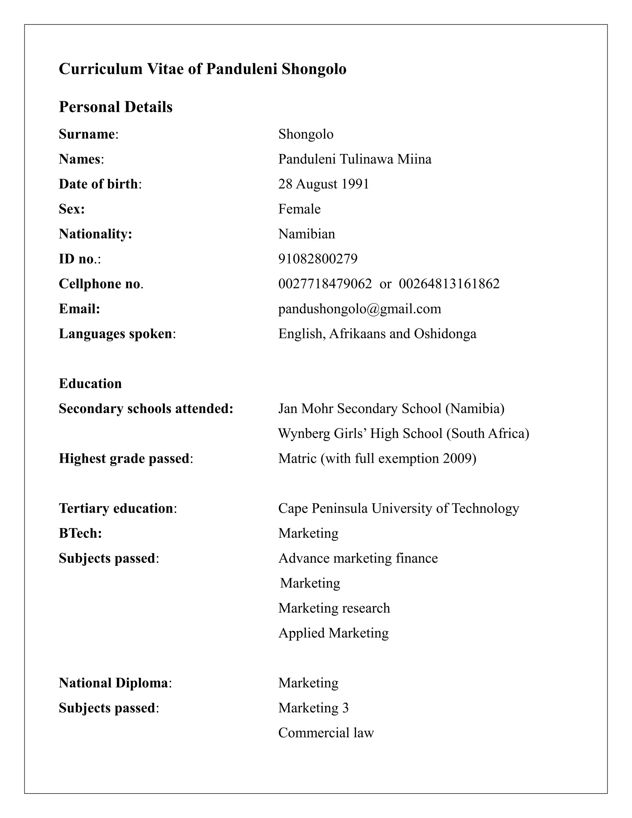 Panduleni shongolo cv | DOC
