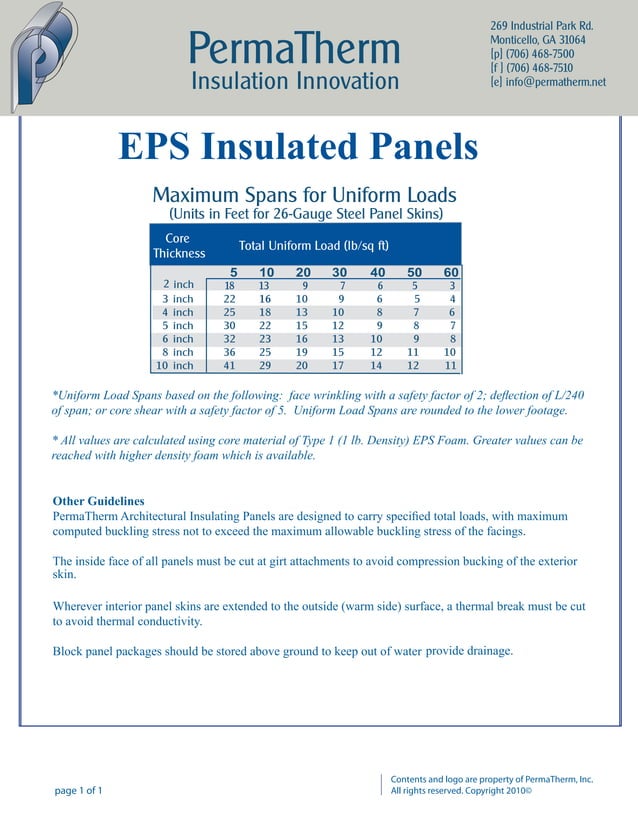 Permatherm EPS Insulated Panels Maximum Spans for Uniform Loads | PDF ...