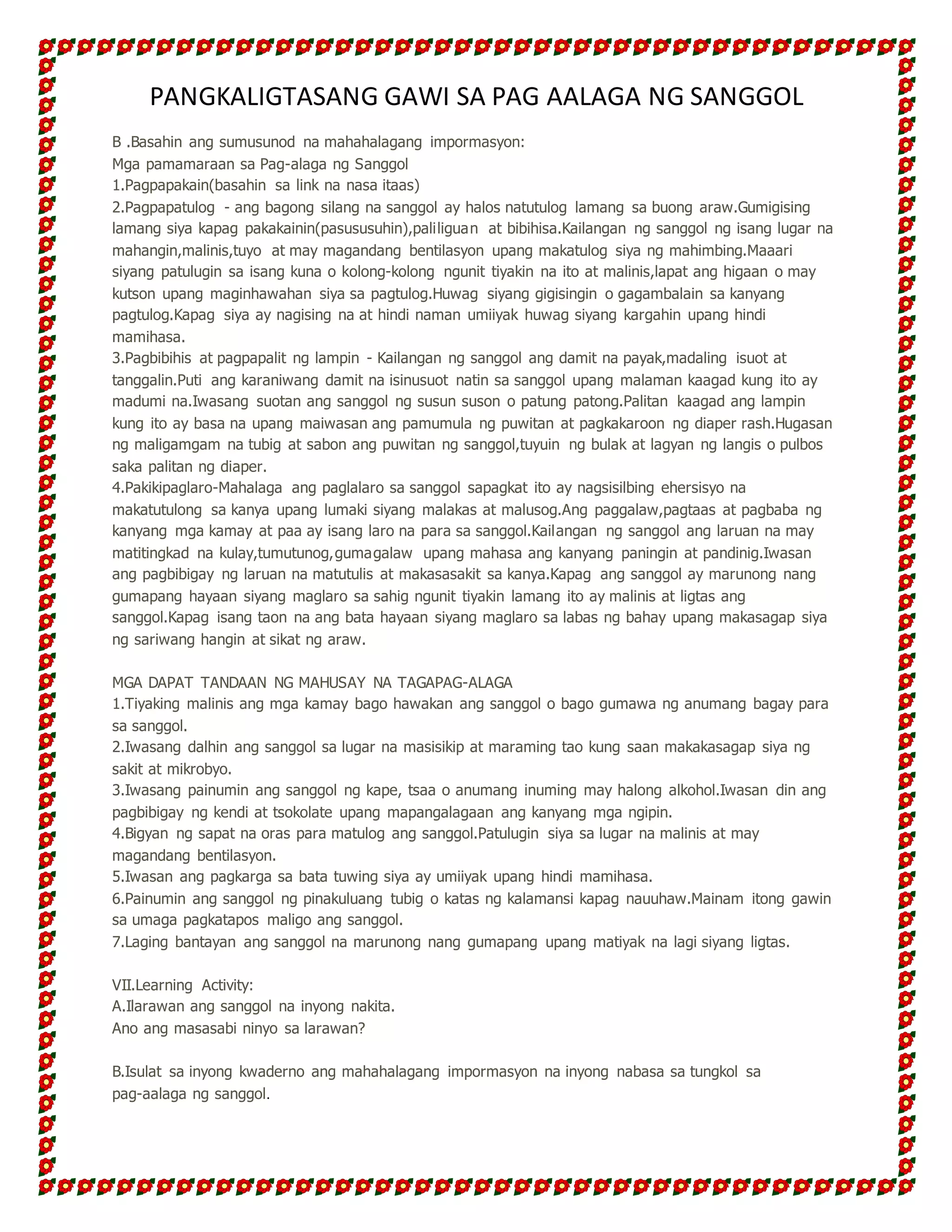 Pangkaligtasang gawi sa pag aalaga ng sanggol | DOCX