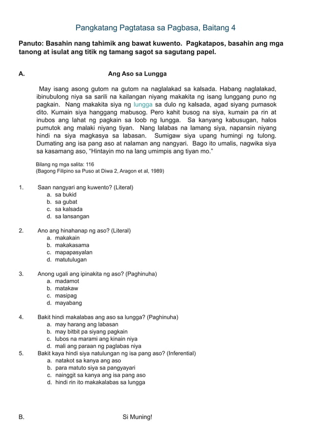 Pangkatang Pagtatasa sa Pagbasa Grade 4.docx