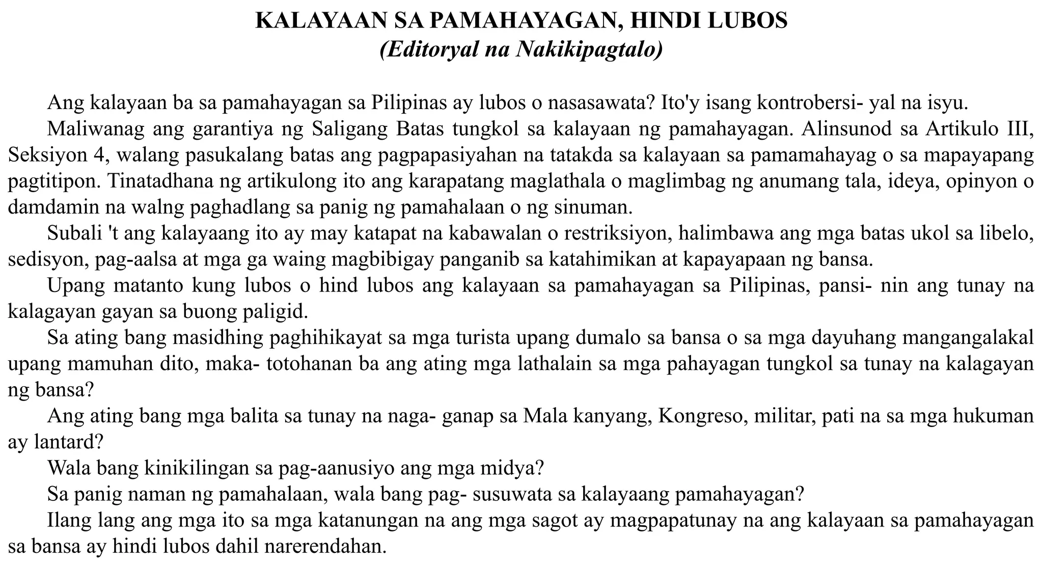 YUNIT V - PAGSULAT NG PANGULONG-TUDLING O EDITORYAL | PPTX