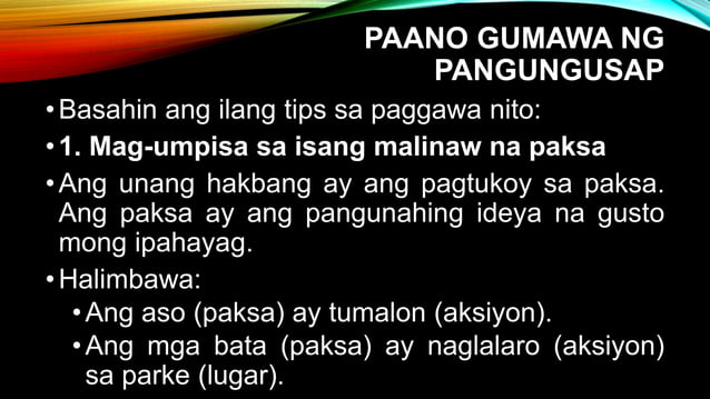 Pangungusap: mga halimbawa, bahagi, Kayarian, ayos, at iba pa. | PPTX