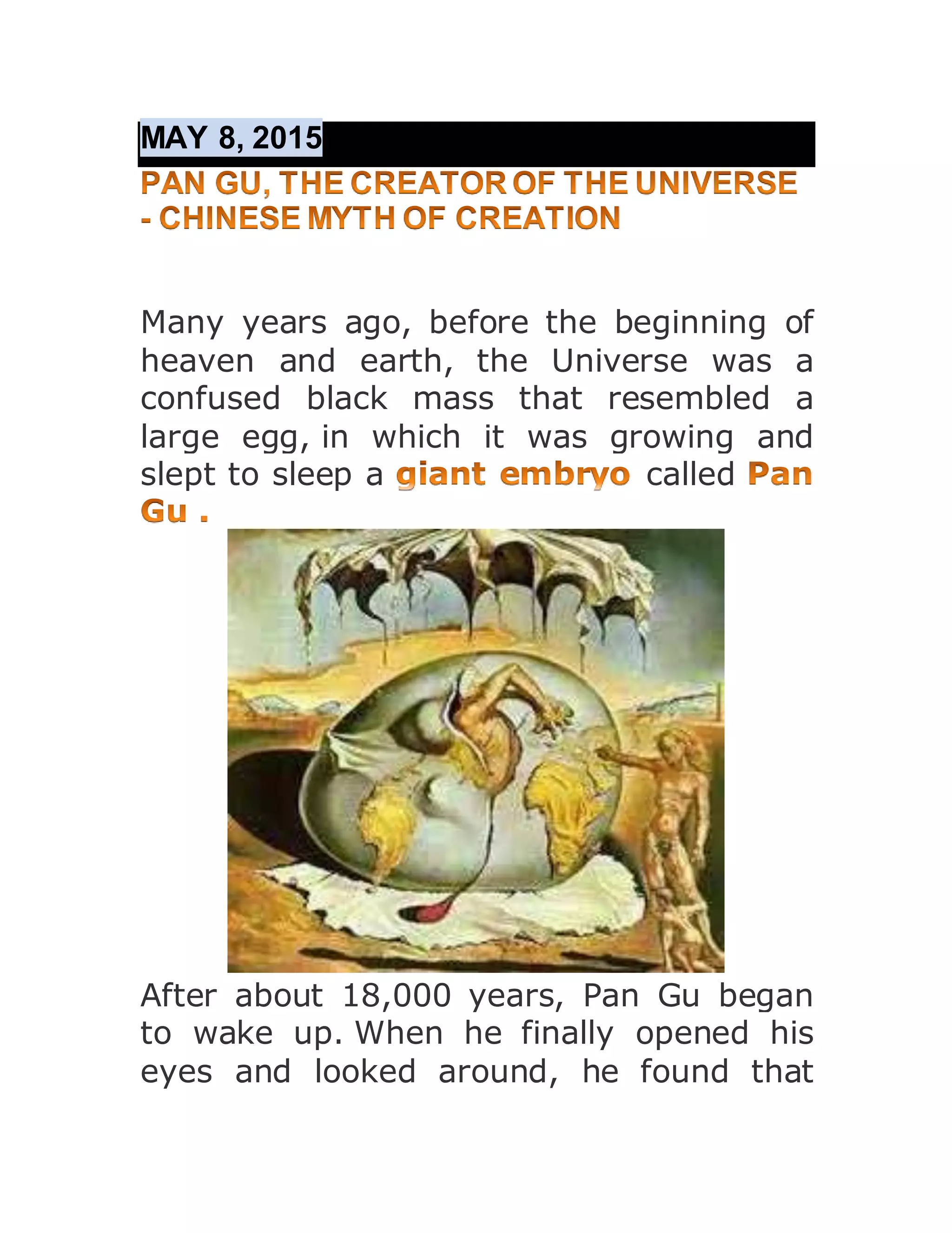 Pan gu, the creator of the universe chinese myth of creation . | DOCX