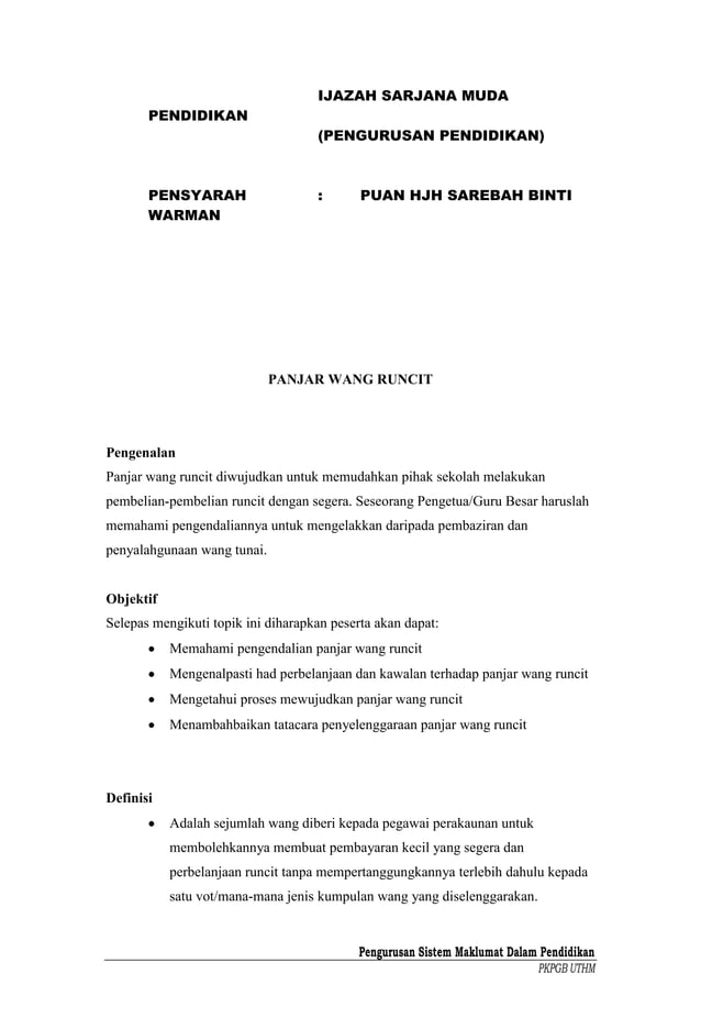 Panjar wang runcit | DOCX