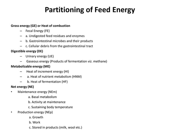 Measures of Feed Energy- Gross Energy, Digestible Energy, Metabolisable ...