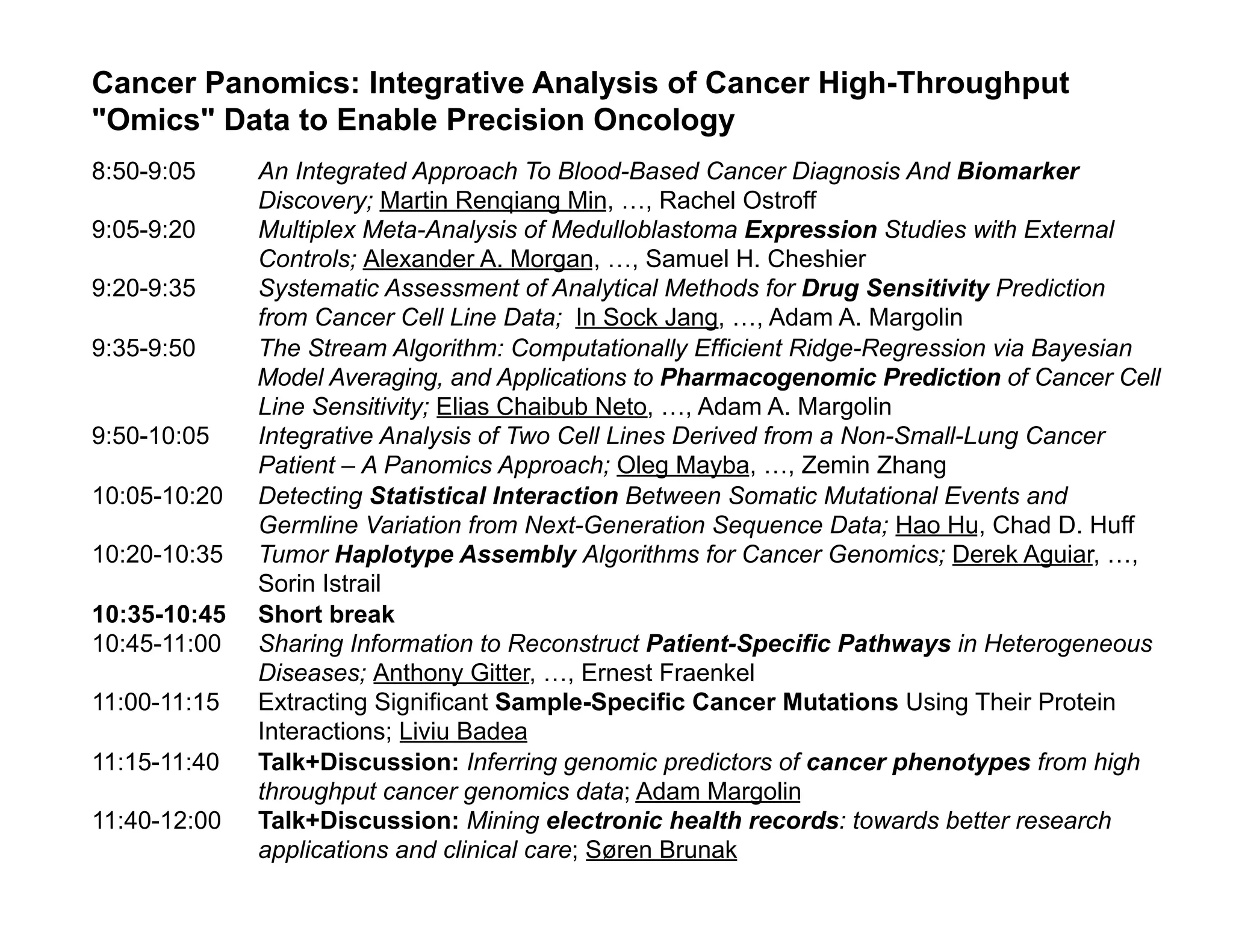 Schedule of PSB Session on Cancer Panomics | PDF