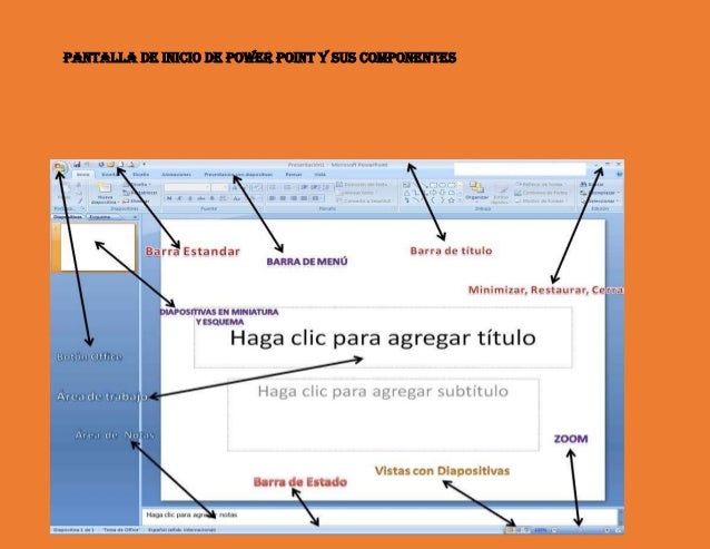 Pantalla de inicio de power point y sus componentes