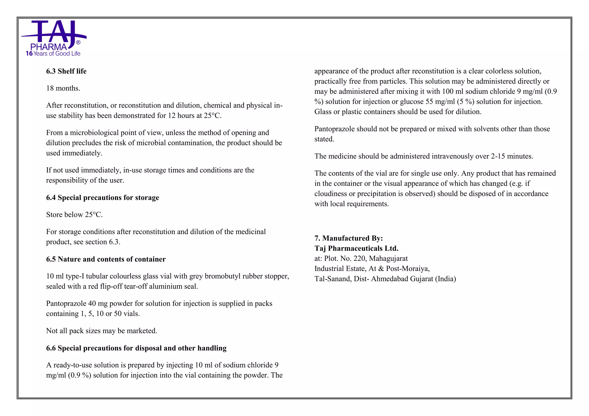 Pantoprazole Sodium for Injection Taj Pharma SmPC | PDF