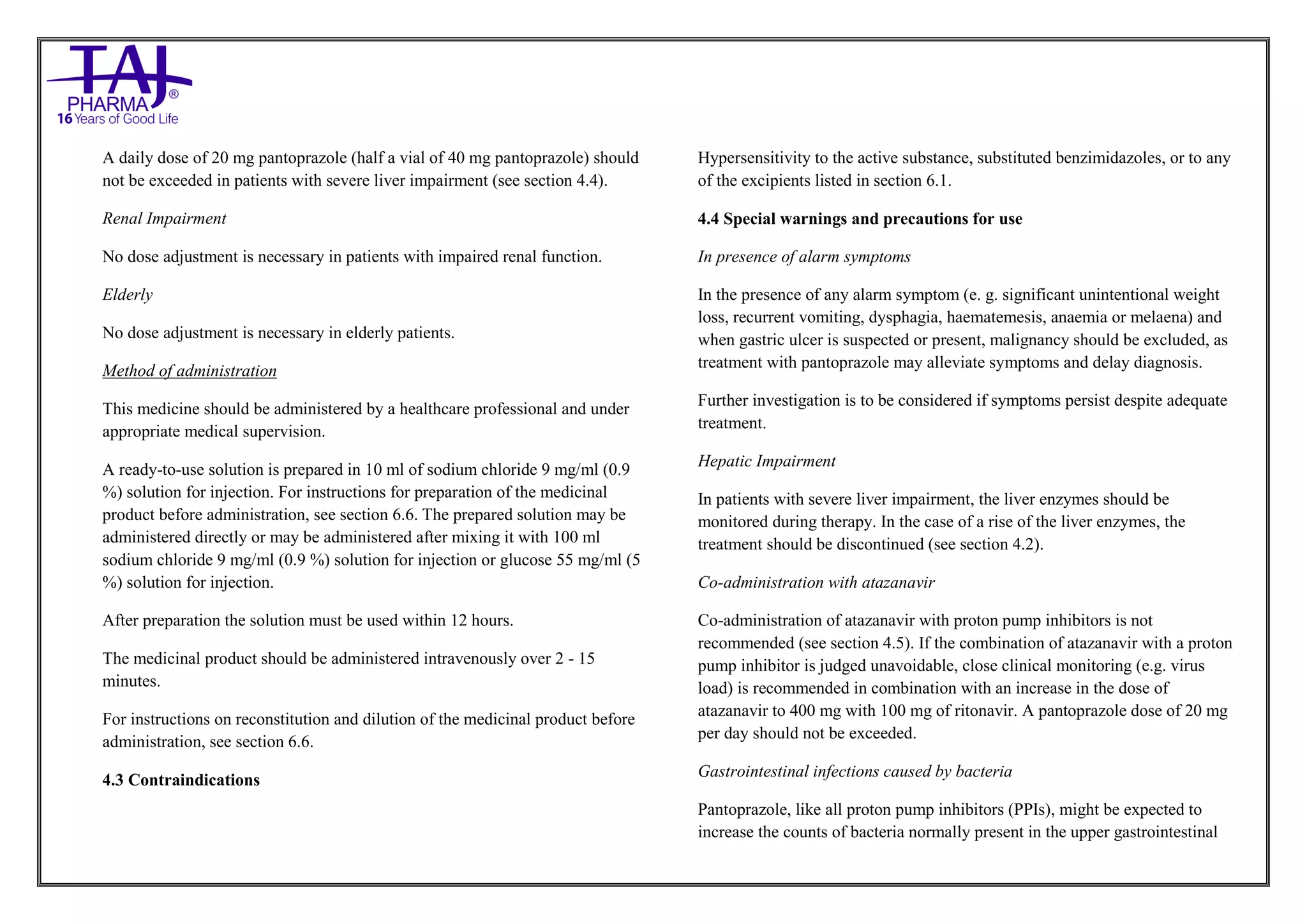 Pantoprazole Sodium for Injection Taj Pharma SmPC | PDF