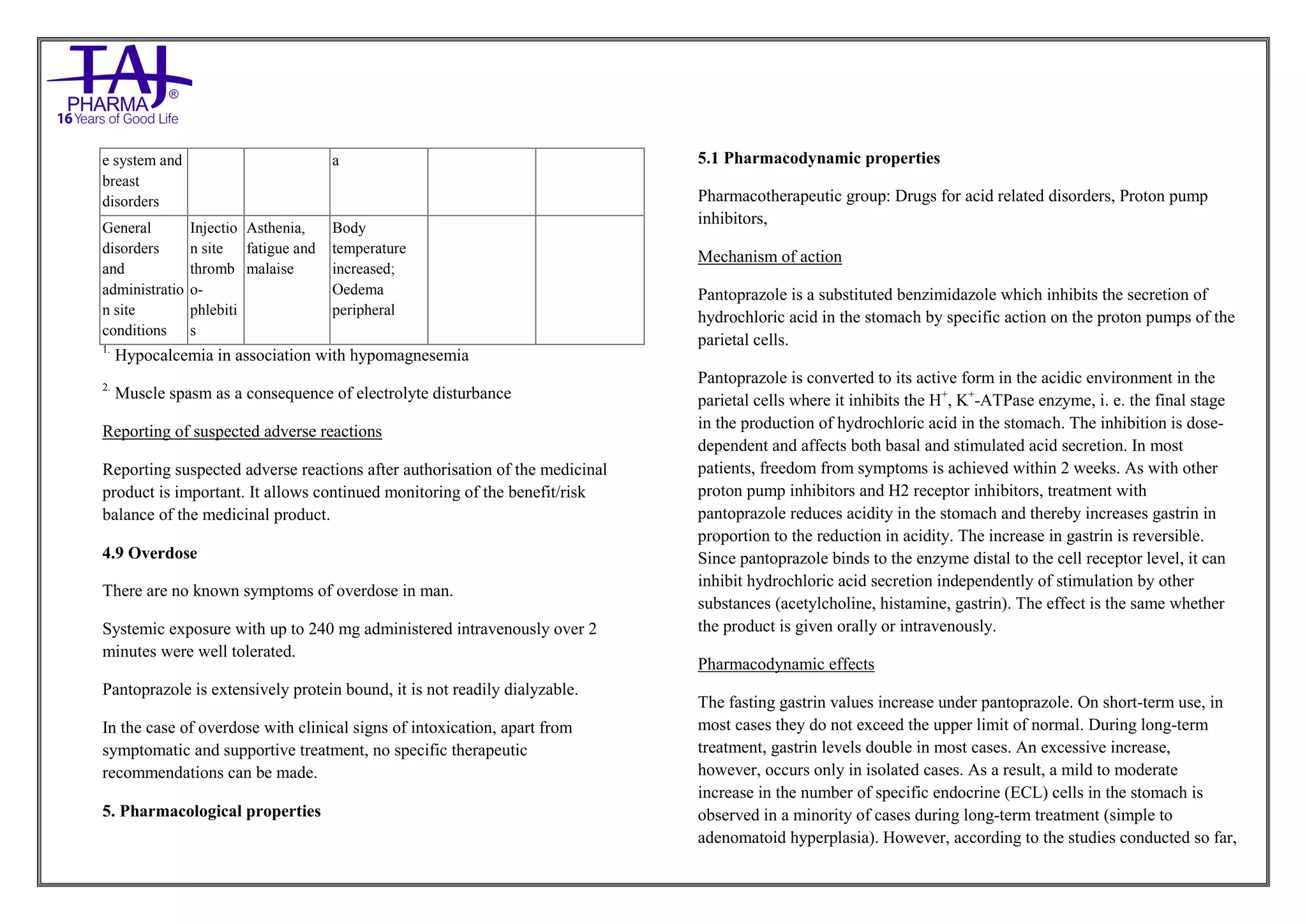 Pantoprazole Sodium for Injection Taj Pharma SmPC | PDF