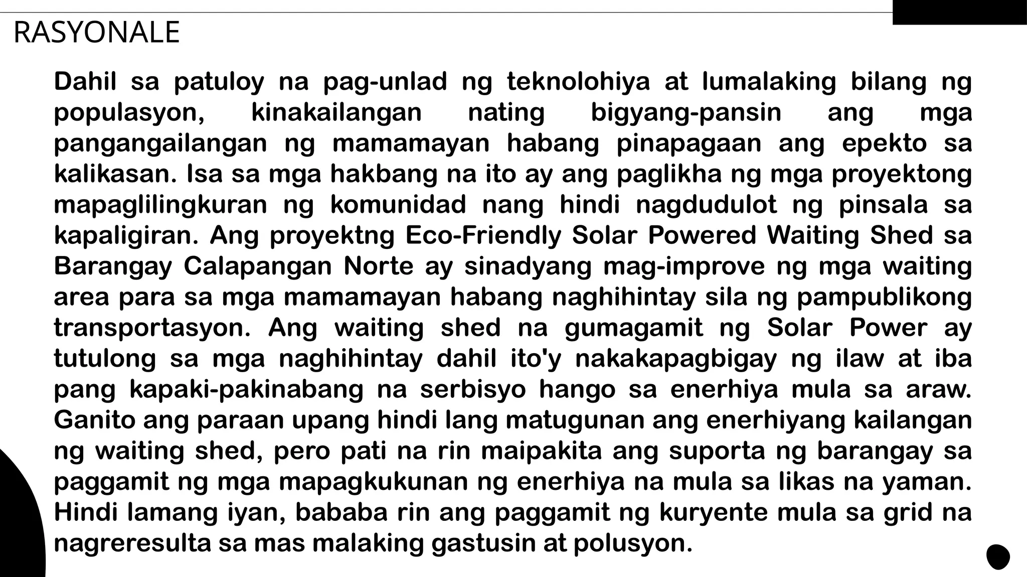 Eco-Friendly Solar Powered Waiting ShedPanukalang Proyekto | PPTX