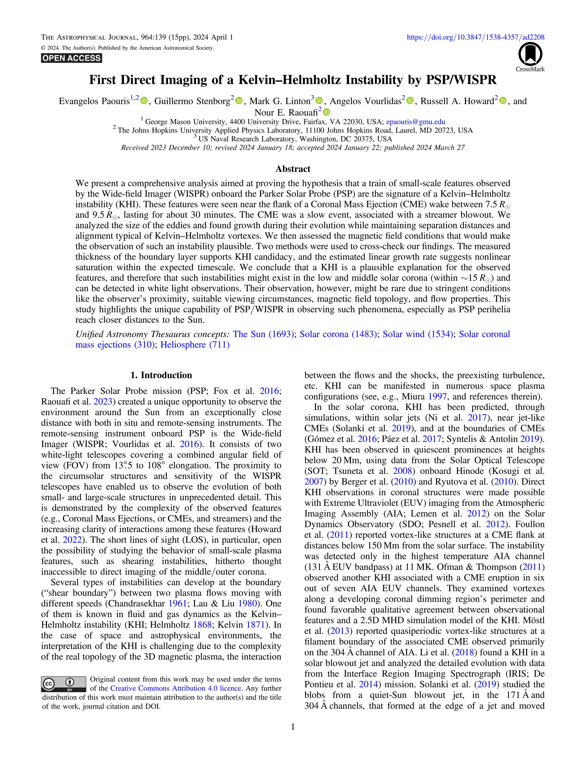 First Direct Imaging of a Kelvin–Helmholtz Instability by PSP/WISPR | PDF