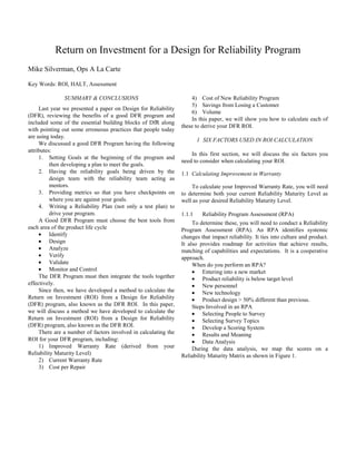 Return on Investment for a Design for Reliability Program | PDF