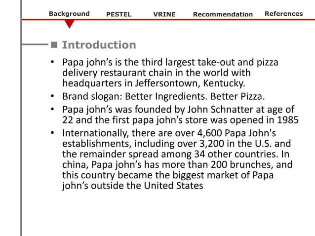 PESTEL and VRINE Analysis for Papa John's | PPTX