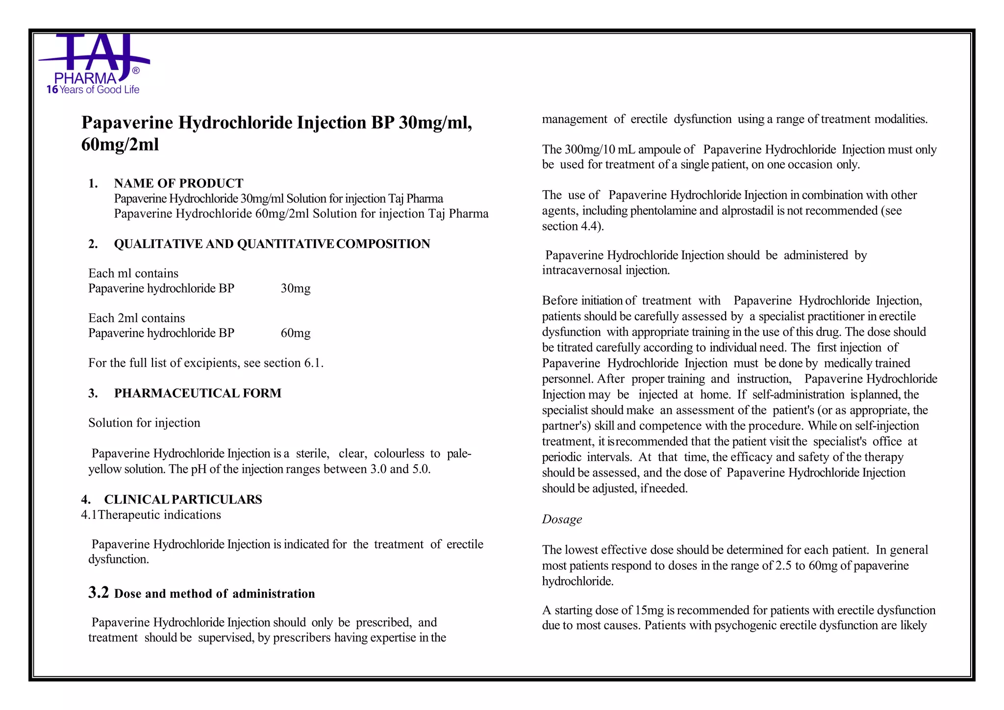 Papaverine HCl Injection BP Taj Pharma SmPC | PDF