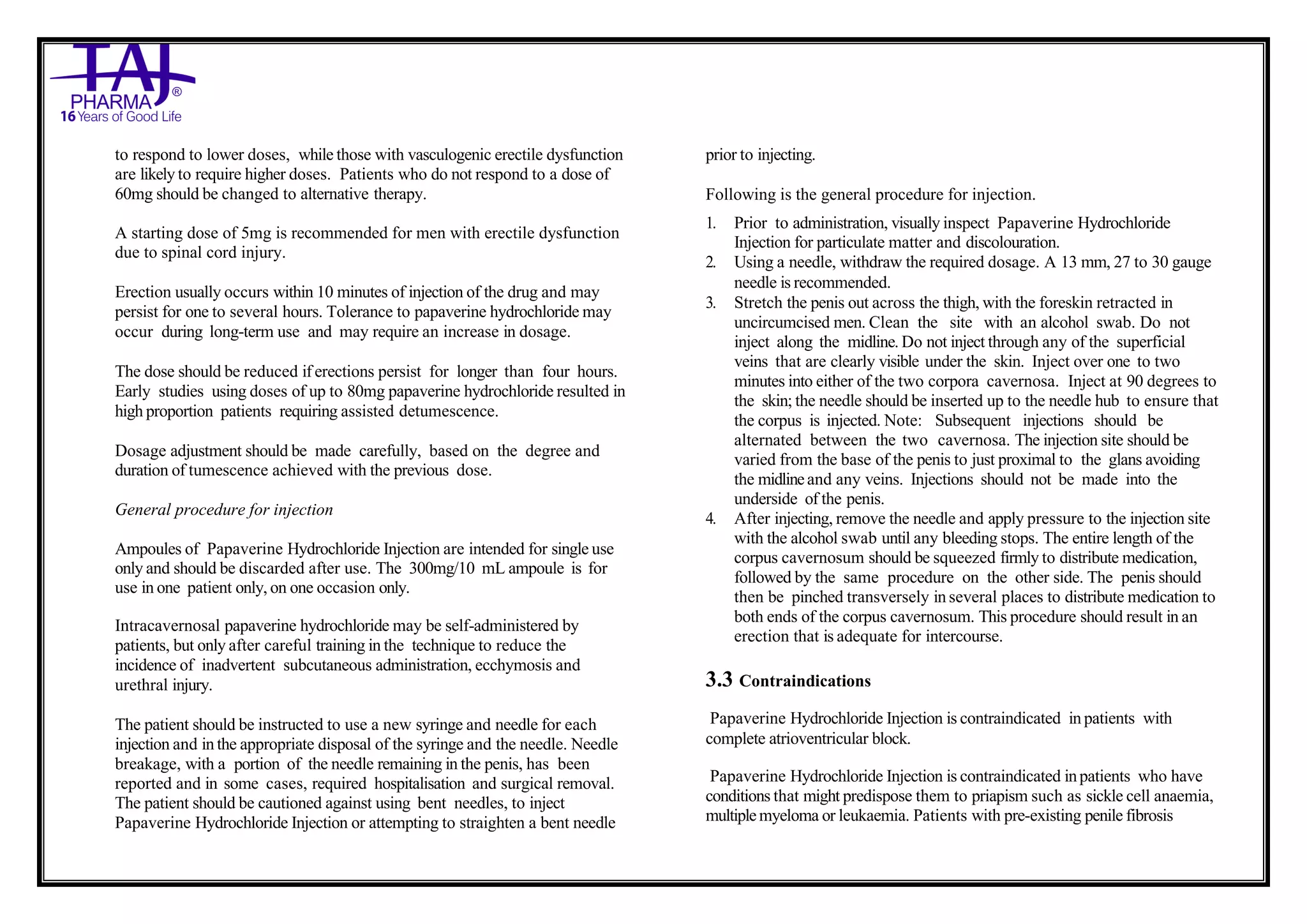 Papaverine HCl Injection BP Taj Pharma SmPC | PDF